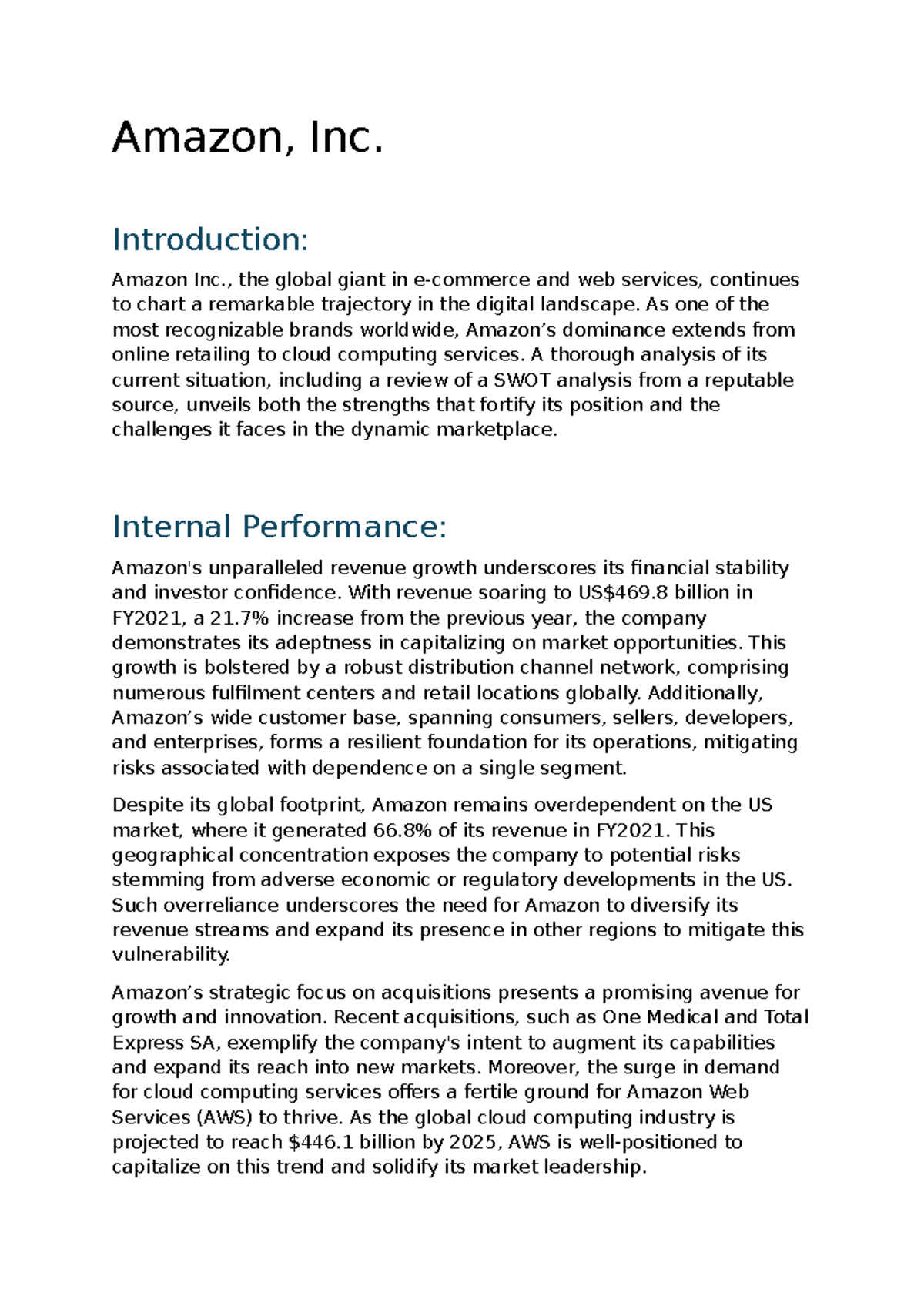 Amazon - It a company research. - Amazon, Inc. Introduction: Amazon Inc ...