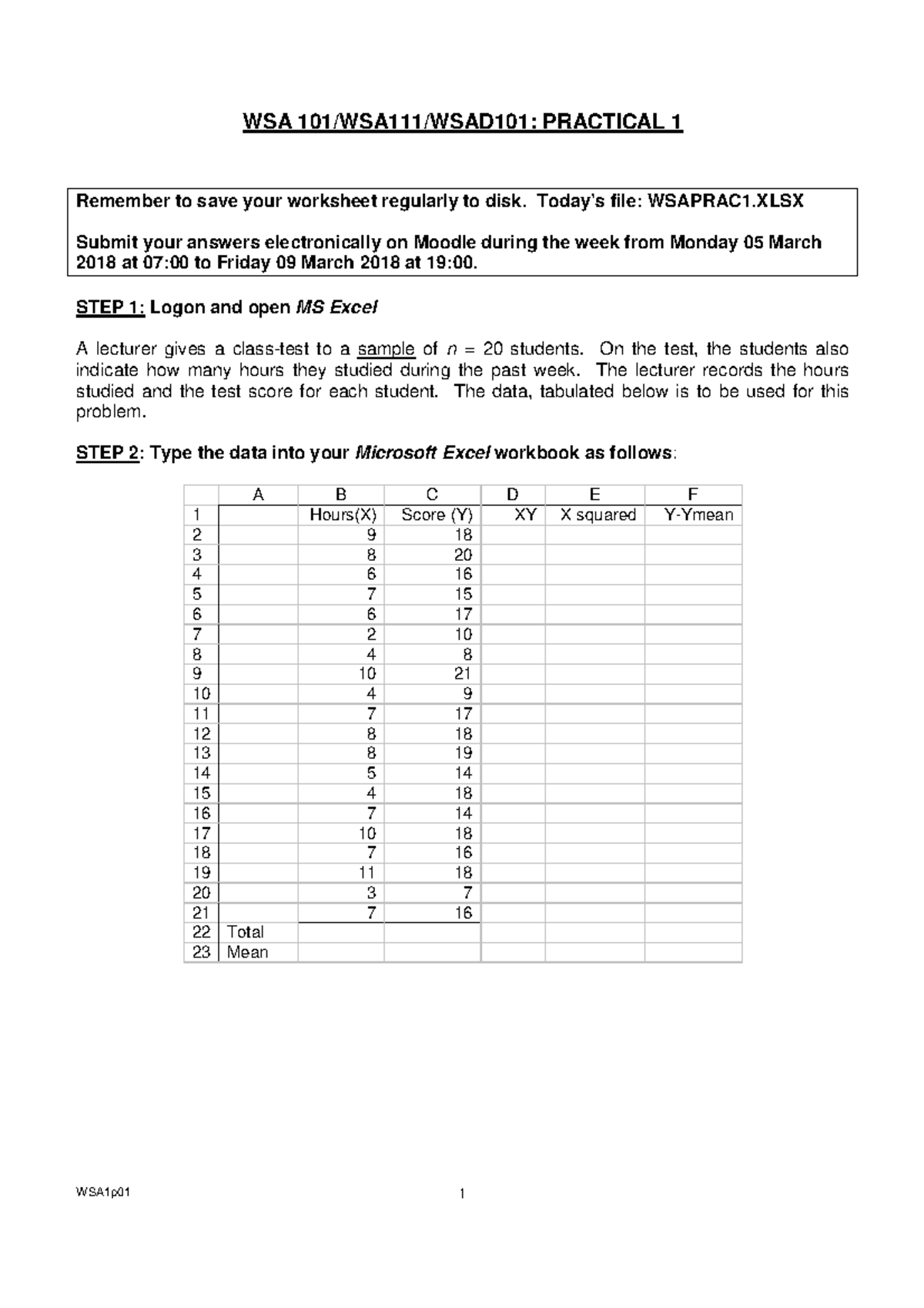 Practical 1 2018 - WSA 101/WSA111/WSAD101: PRACTICAL 1 Remember to save ...