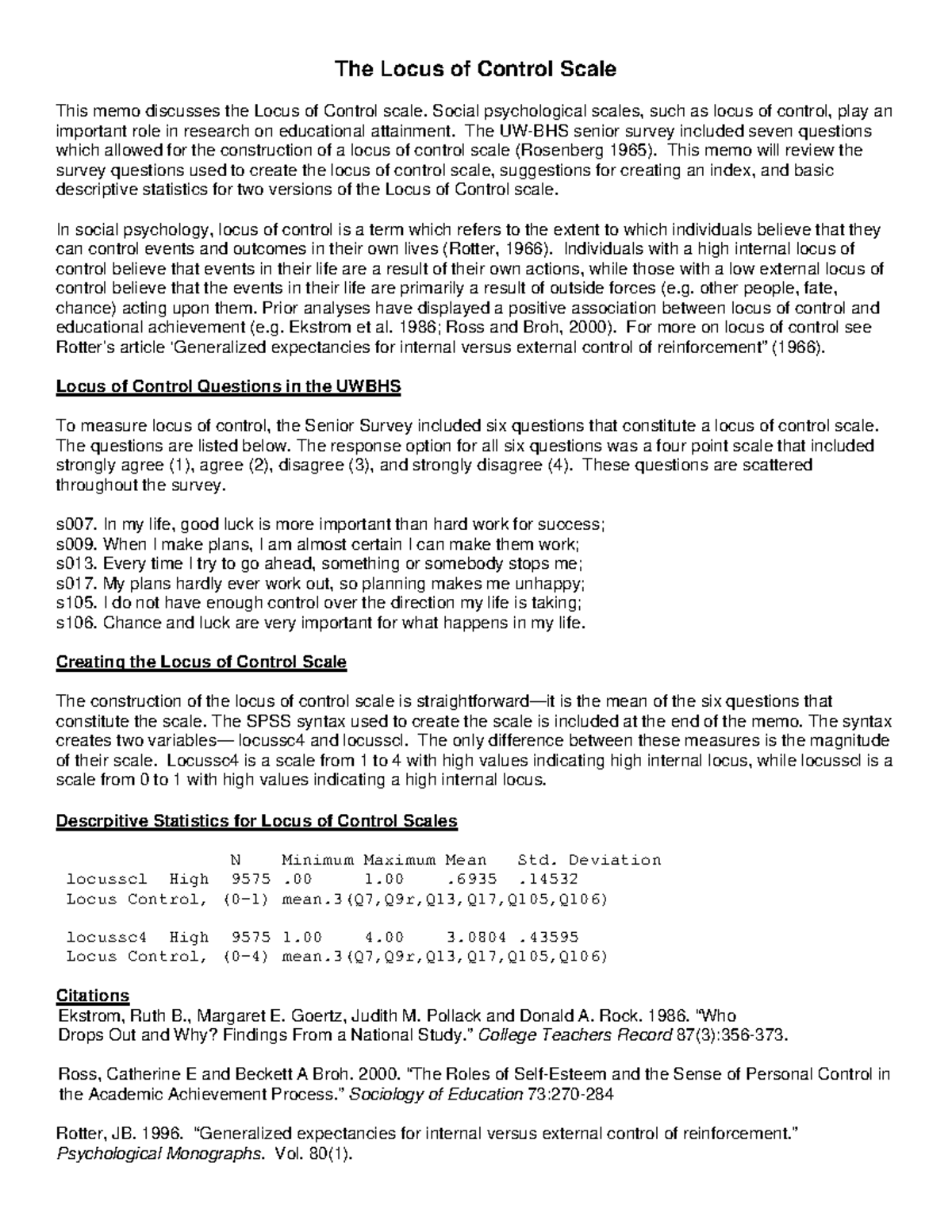 Locus of Control - Summary of topic - The Locus of Control Scale This ...
