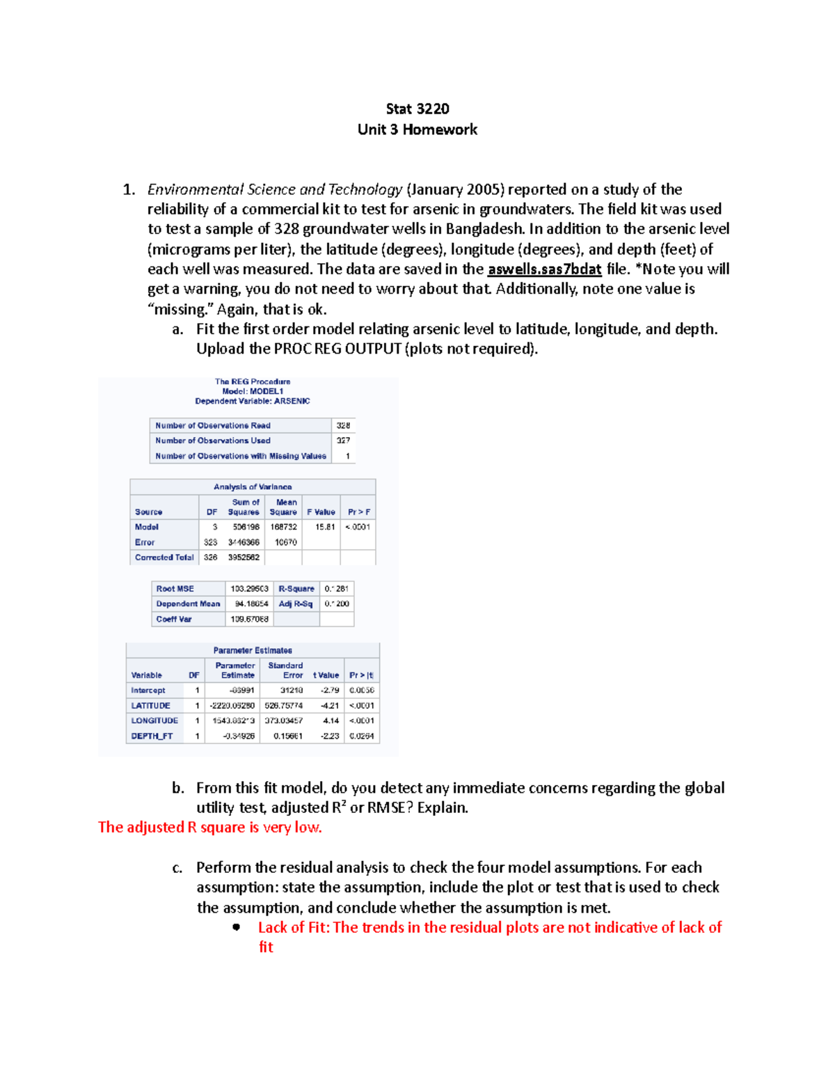 Unit 3 Homework Solutions - Stat 3220 Unit 3 Homework Environmental Science and Technology ...