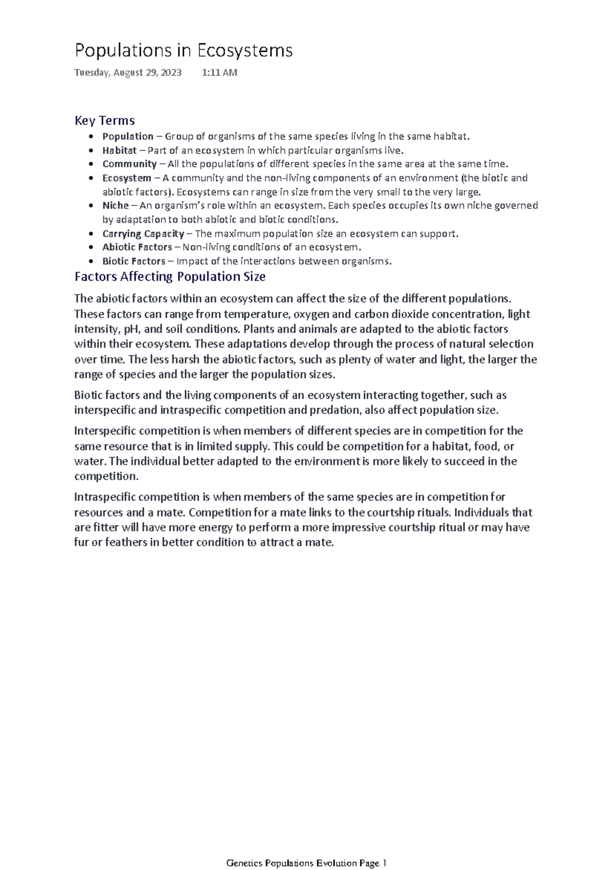 Biology Notes pdf - Key Terms • Population – Group of organisms of the ...