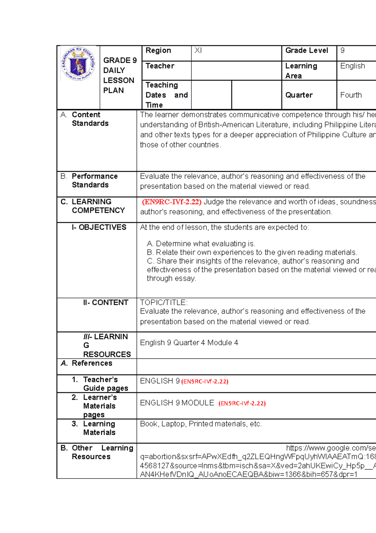 Lpjune 2 - none - GRADE 9 DAILY LESSON PLAN Region XI Grade Level 9 ...