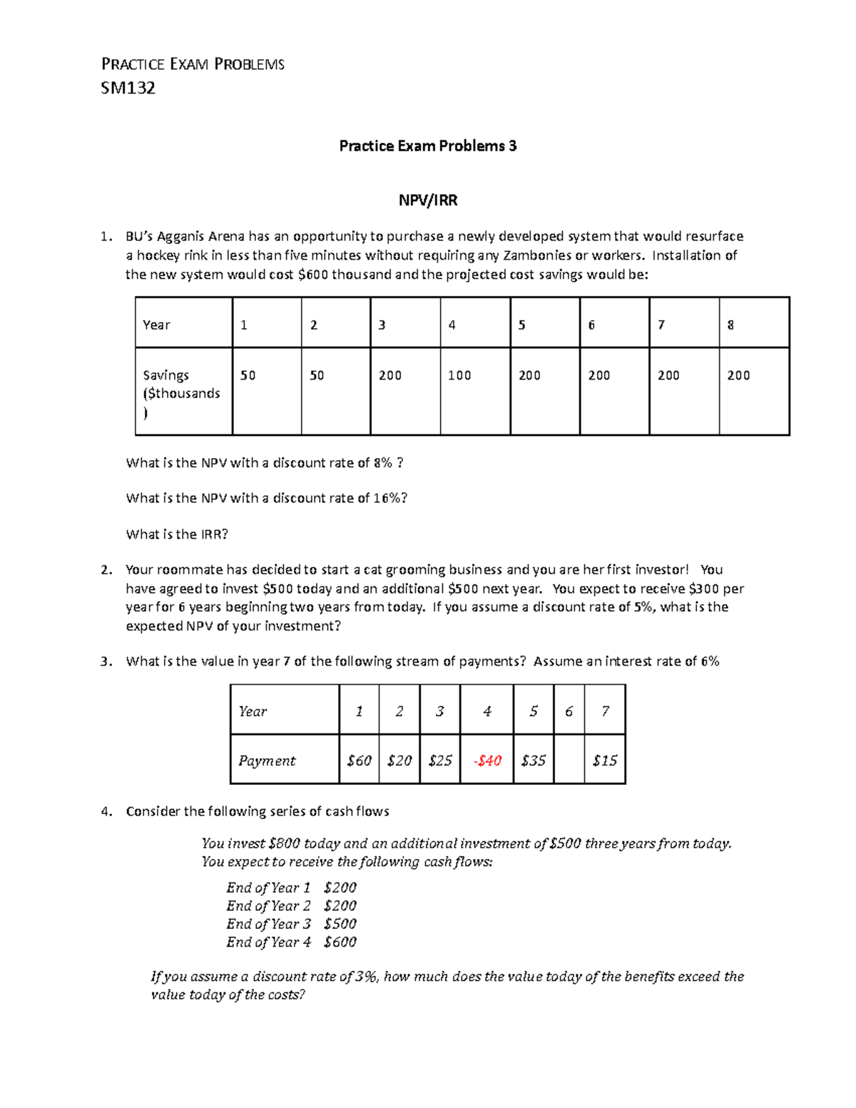 Practice Exam Problems 3 - NPV IRR - PRACTICE EXAM PROBLEMS SM Practice ...