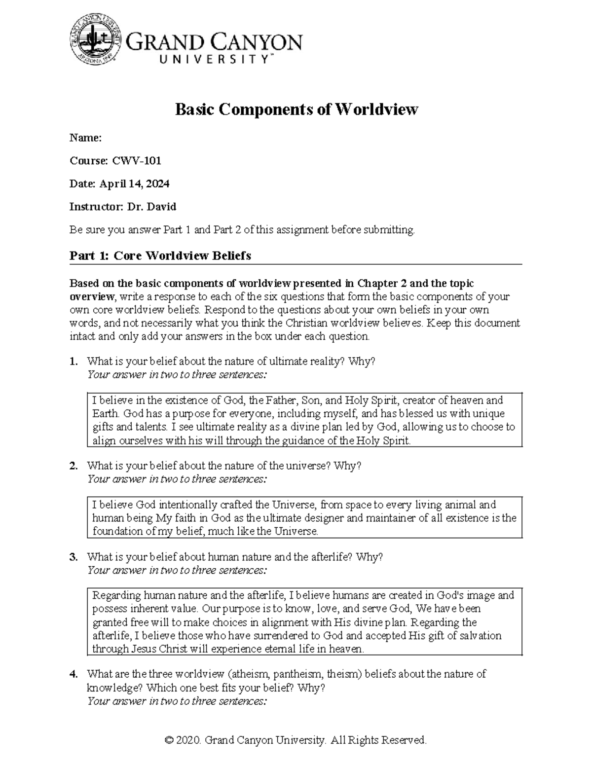 CWV 101 301 RS T1Basic Components Of Worldview Final - Basic Components of Worldview Name ...