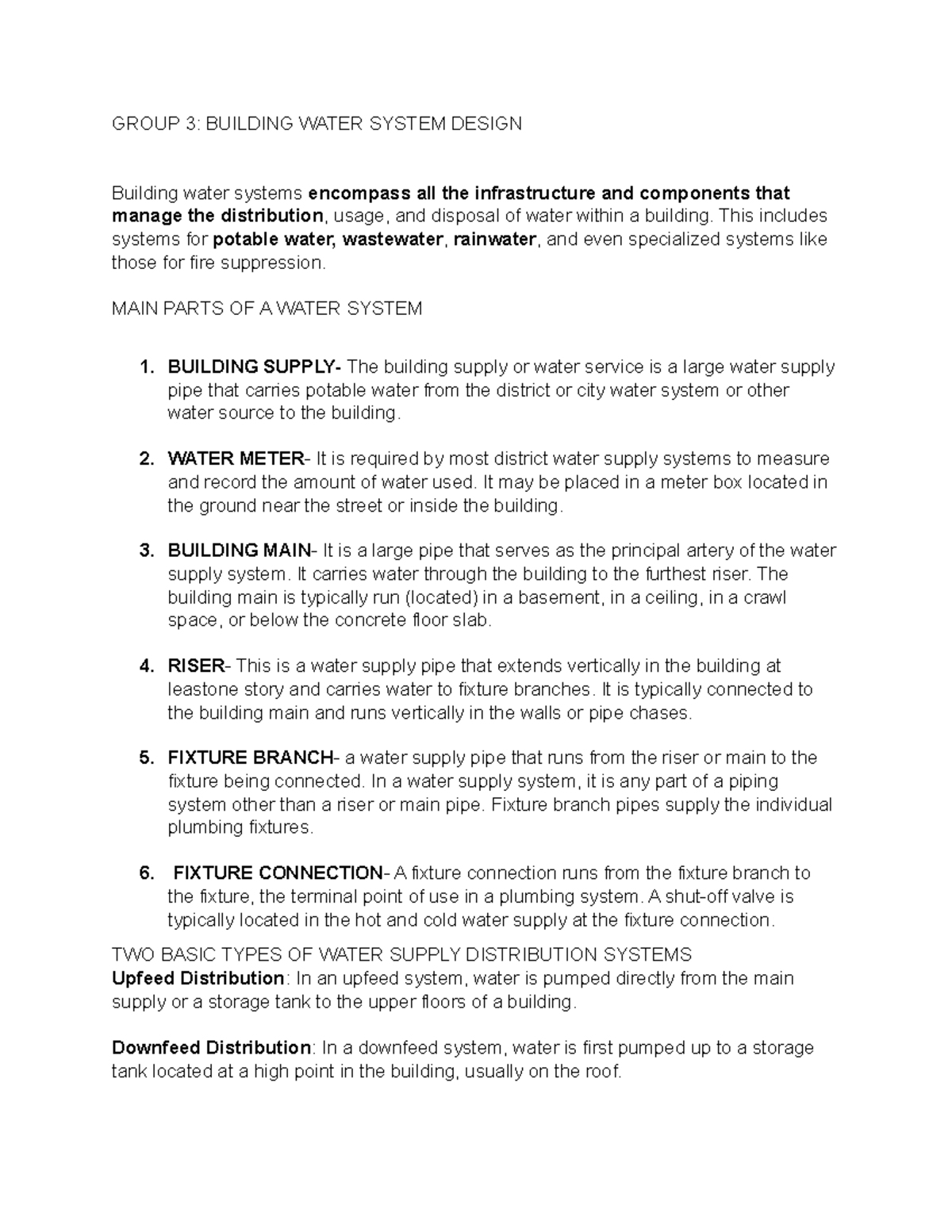 Group 3 lecture notes - GROUP 3: BUILDING WATER SYSTEM DESIGN Building ...