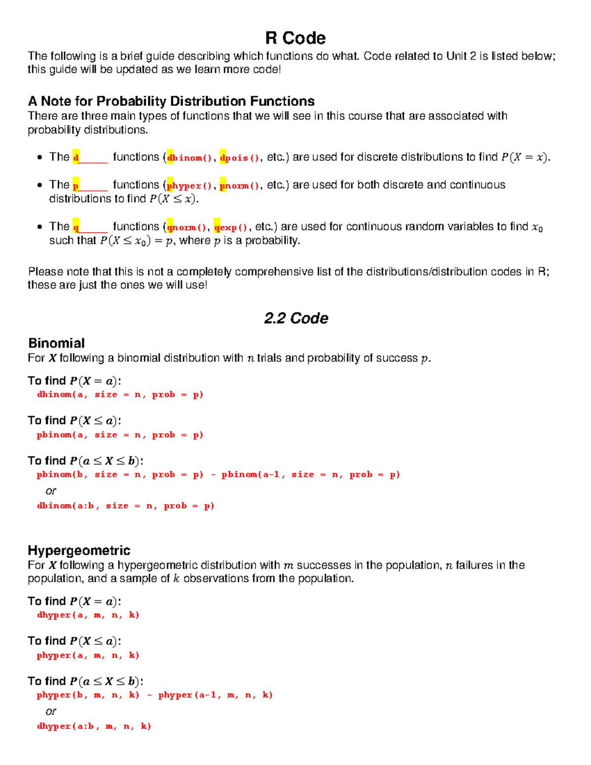 R Code Cheat Sheet (through Unit 2) - R Code The following is a brief ...