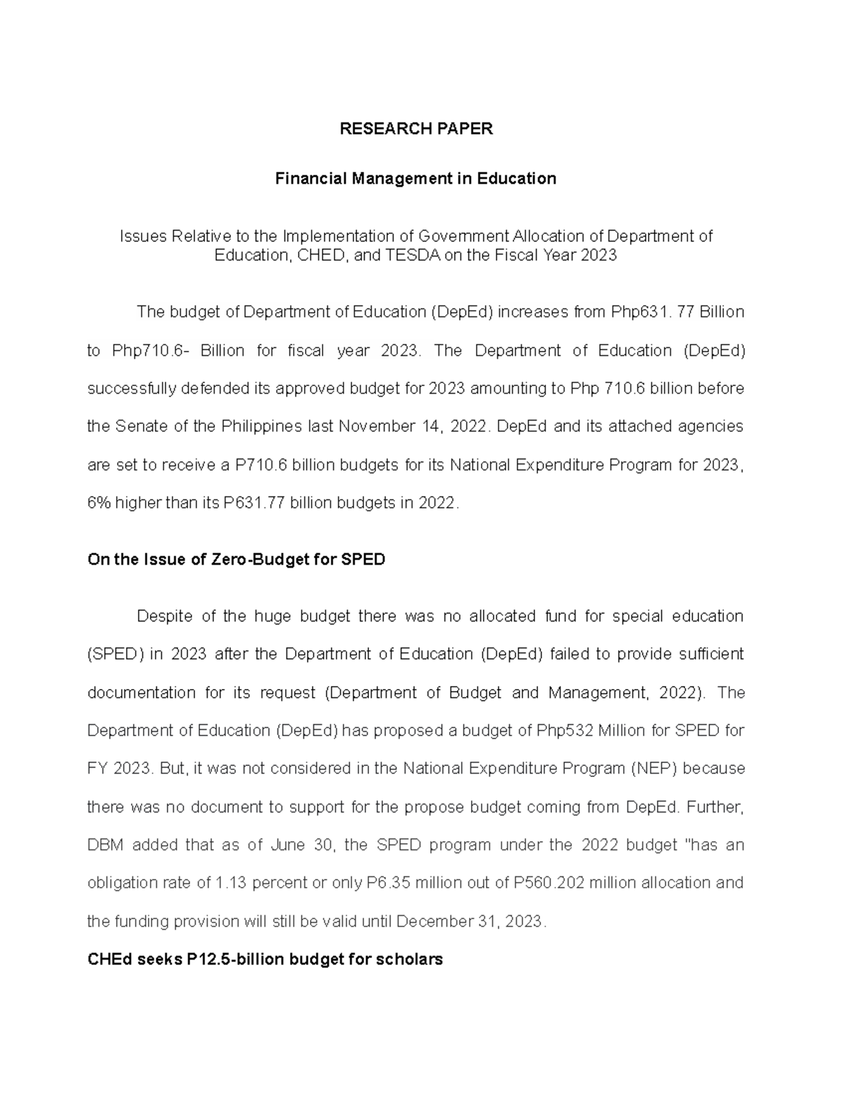 Research Paper on Budget Issues (Dep Ed, Tesda and CHED) - RESEARCH ...