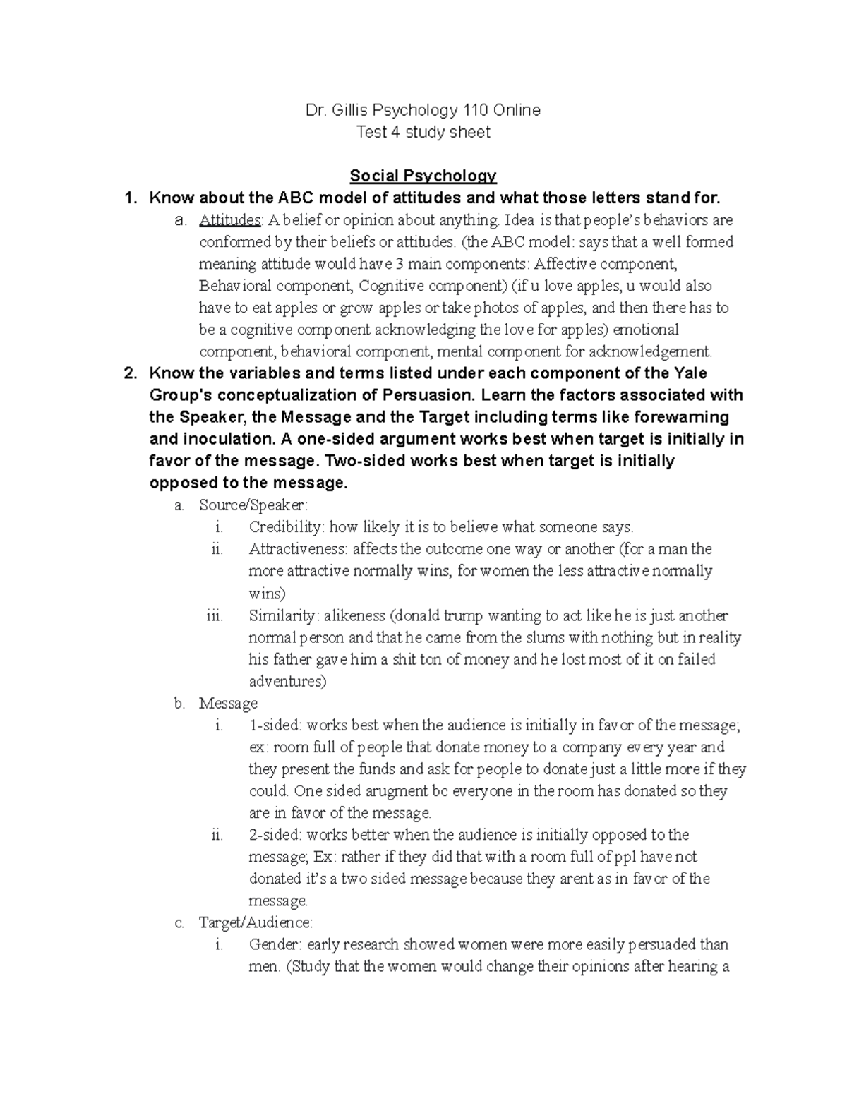 Dr Gilis Test 4 study sheet - Dr. Gillis Psychology 110 Online Test 4 ...
