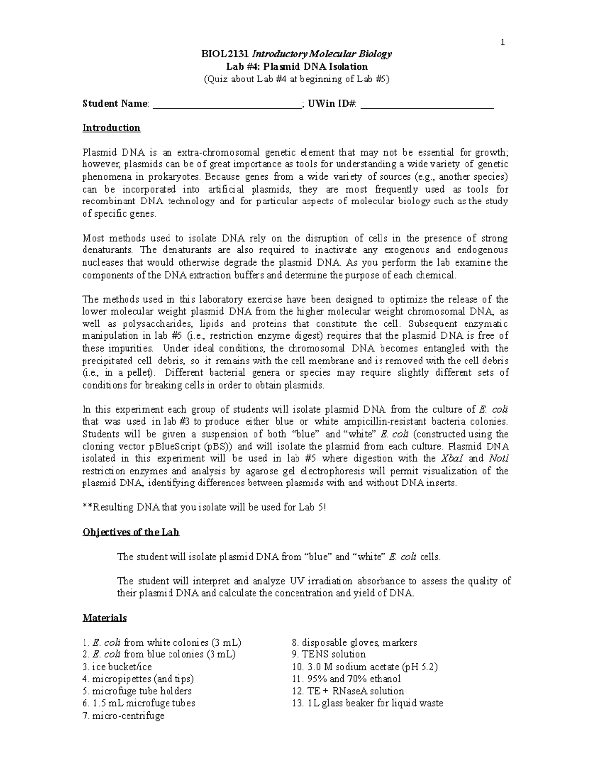 BIOM 2131 Lab 4 Protocol Winter 2021 - BIOL2131 Introductory Molecular ...