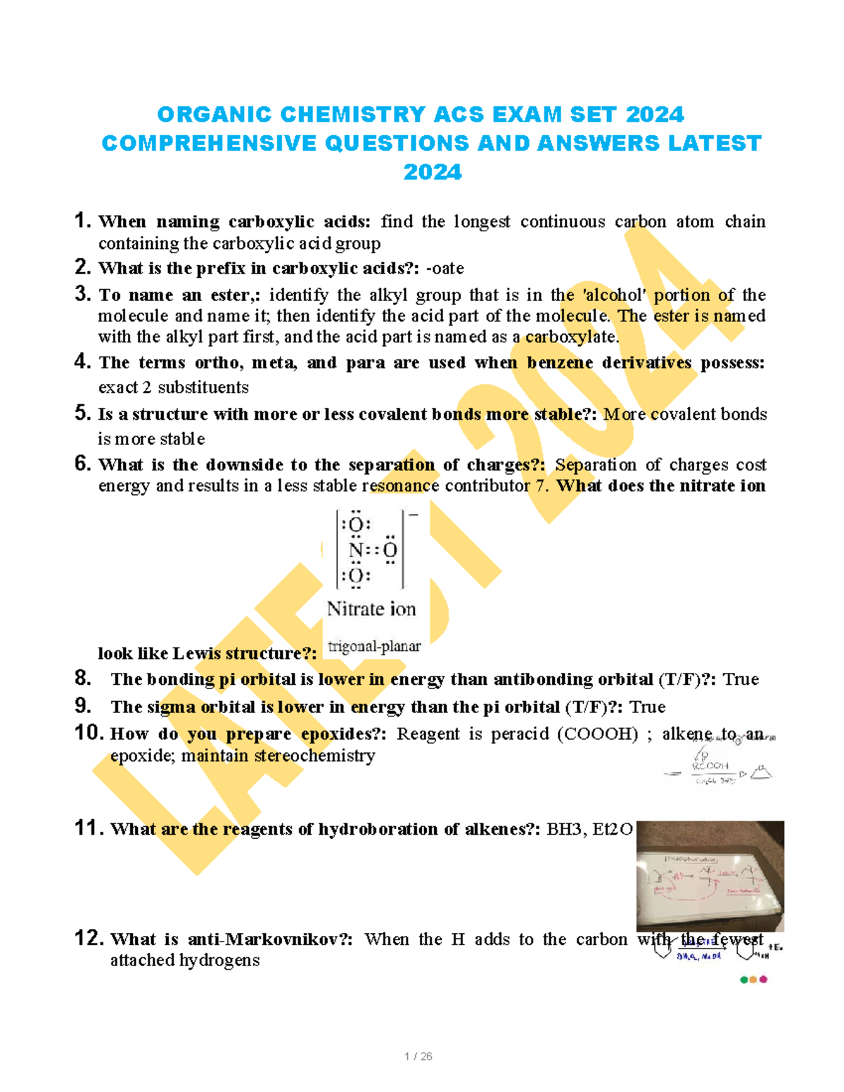 1. Organic Chemistry ACS Exam Set 2024 Compprehensive Questions and ...