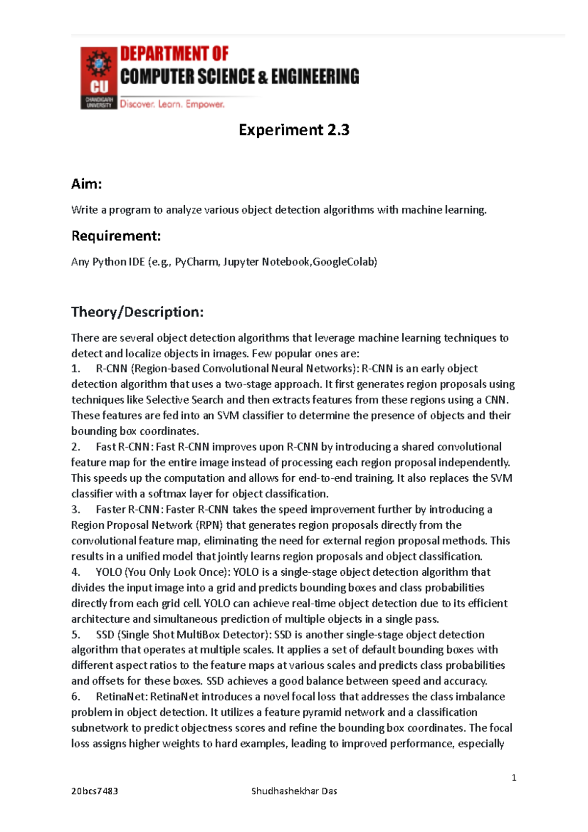 20bcs7483 shudhashekhar das cv2 3 - Experiment 2. Aim: Write a program to analyze various object ...