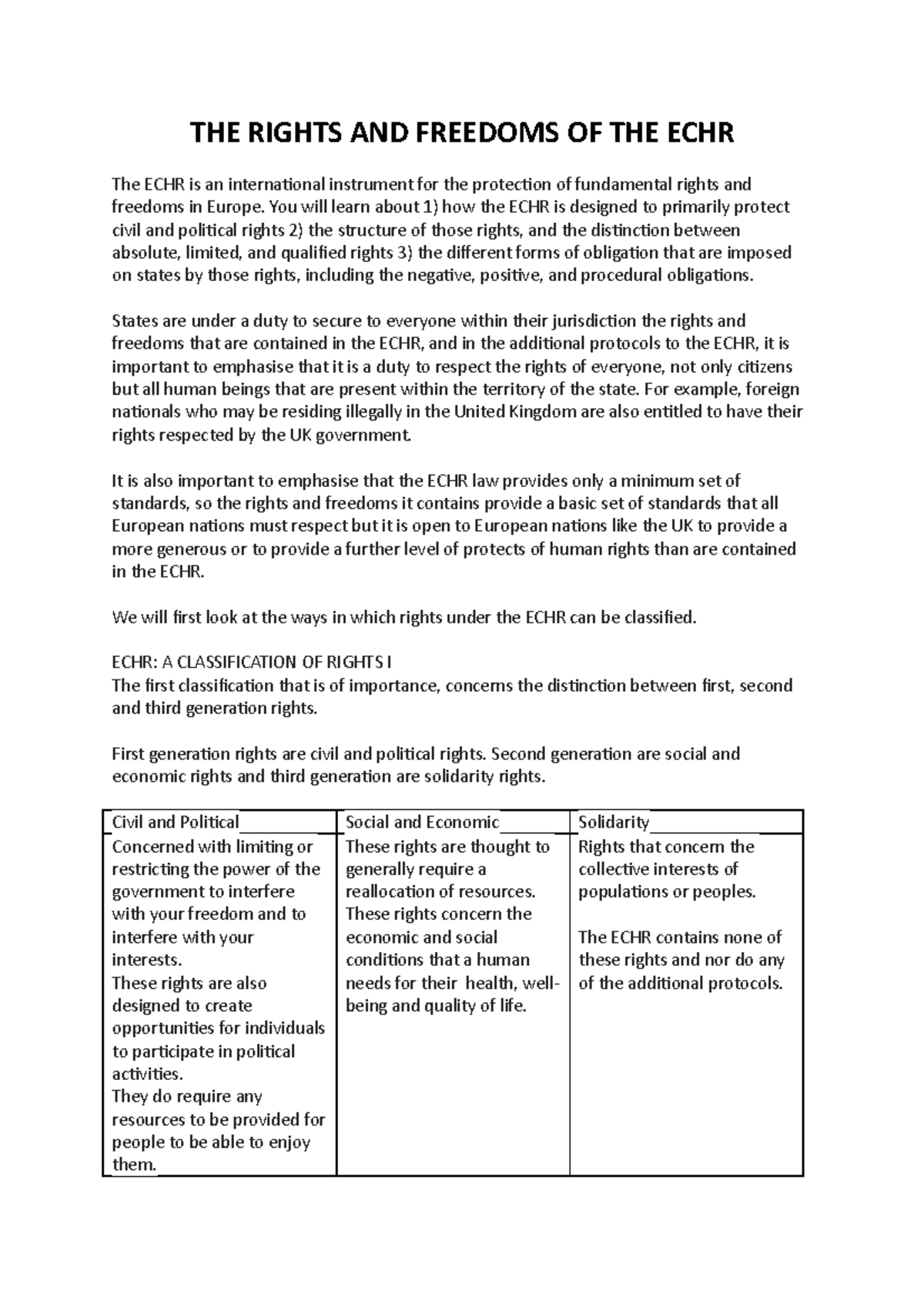 THE ECHR Lecture 2 - THE RIGHTS AND FREEDOMS OF THE ECHR The ECHR is an ...