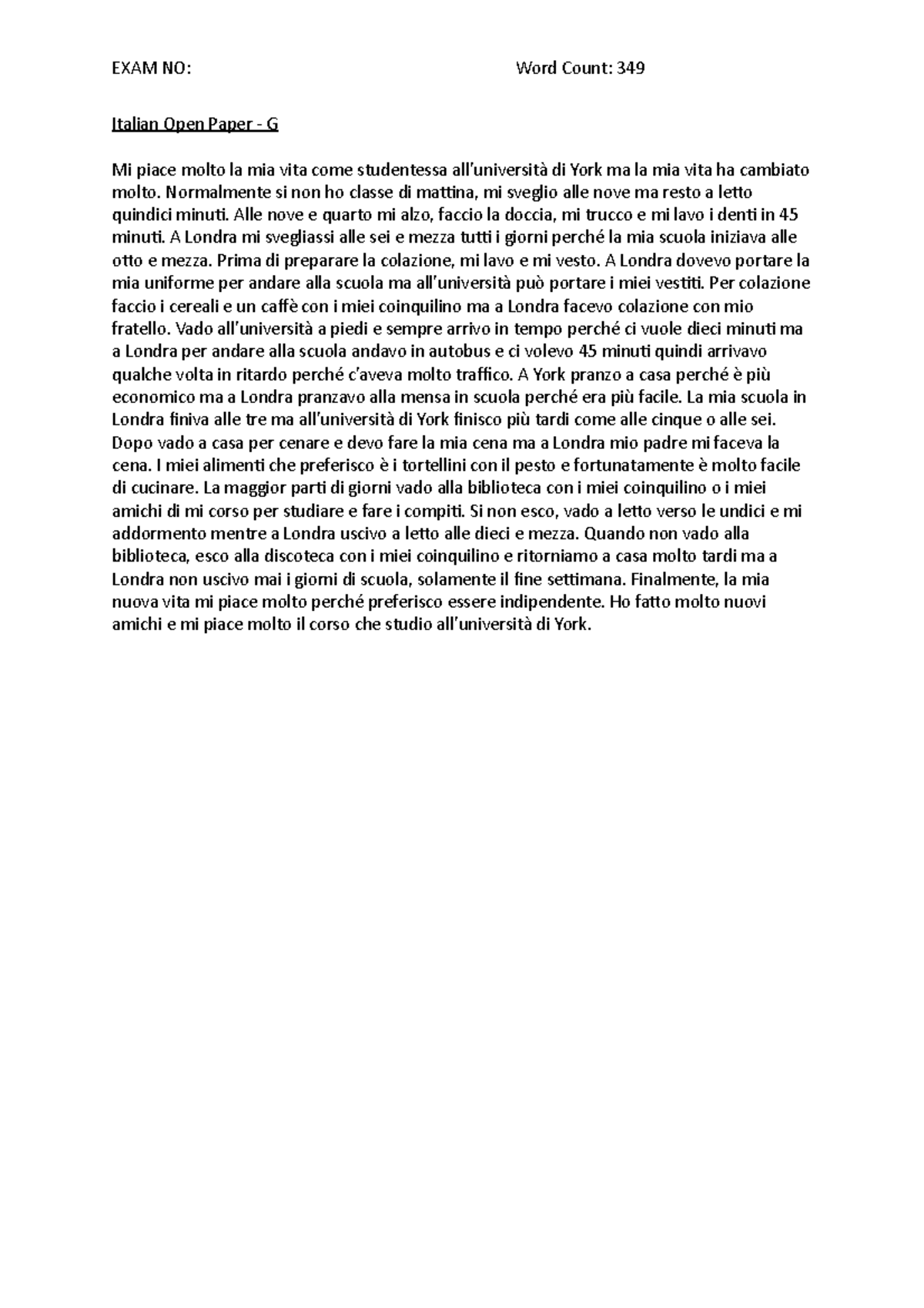 G - Italian Open Paper - Grade: 71 - EXAM NO: Word Count: 349 Italian ...