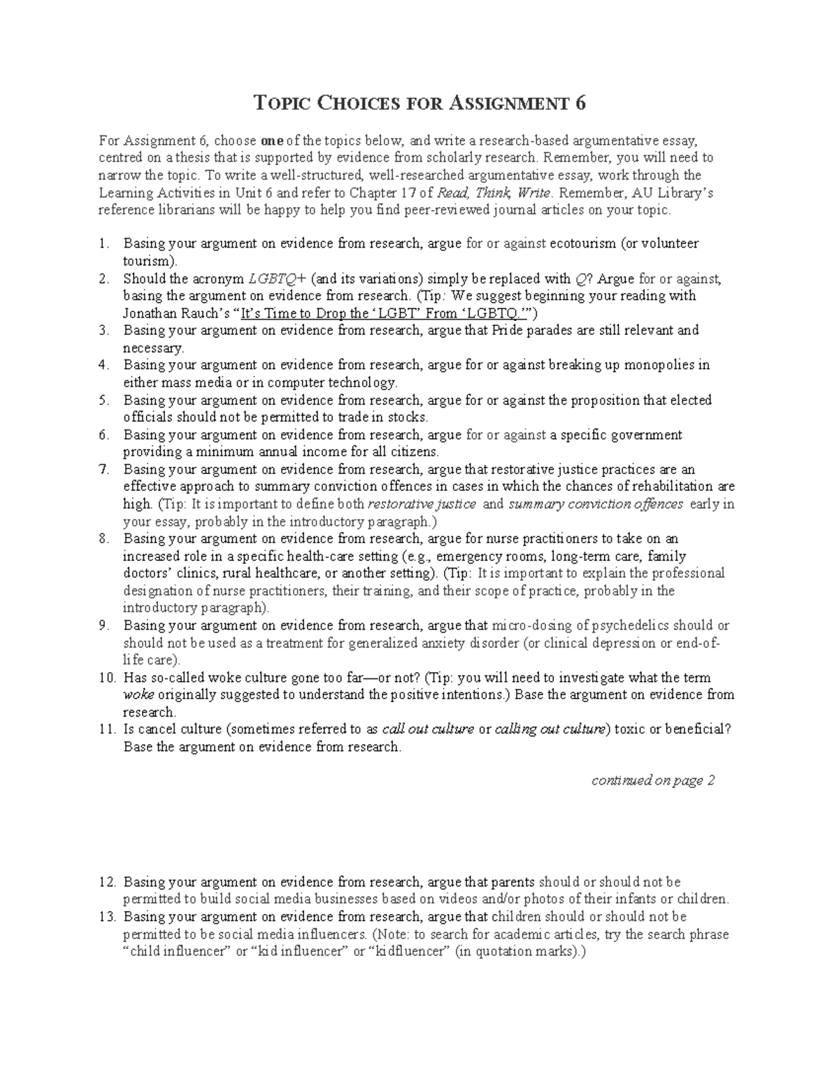 Argumentative Essay Topic List - TOPIC CHOICES FOR ASSIGNMENT 6 For ...