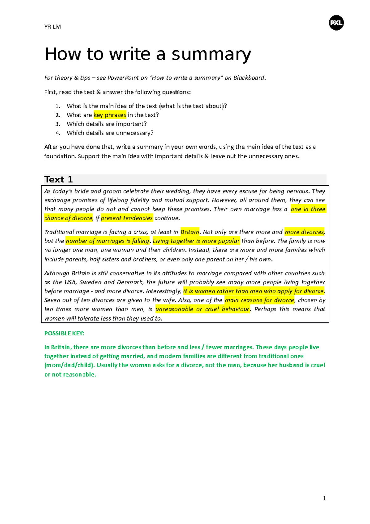 How to write a summary - exercises KEY - YR LM How to write a summary ...