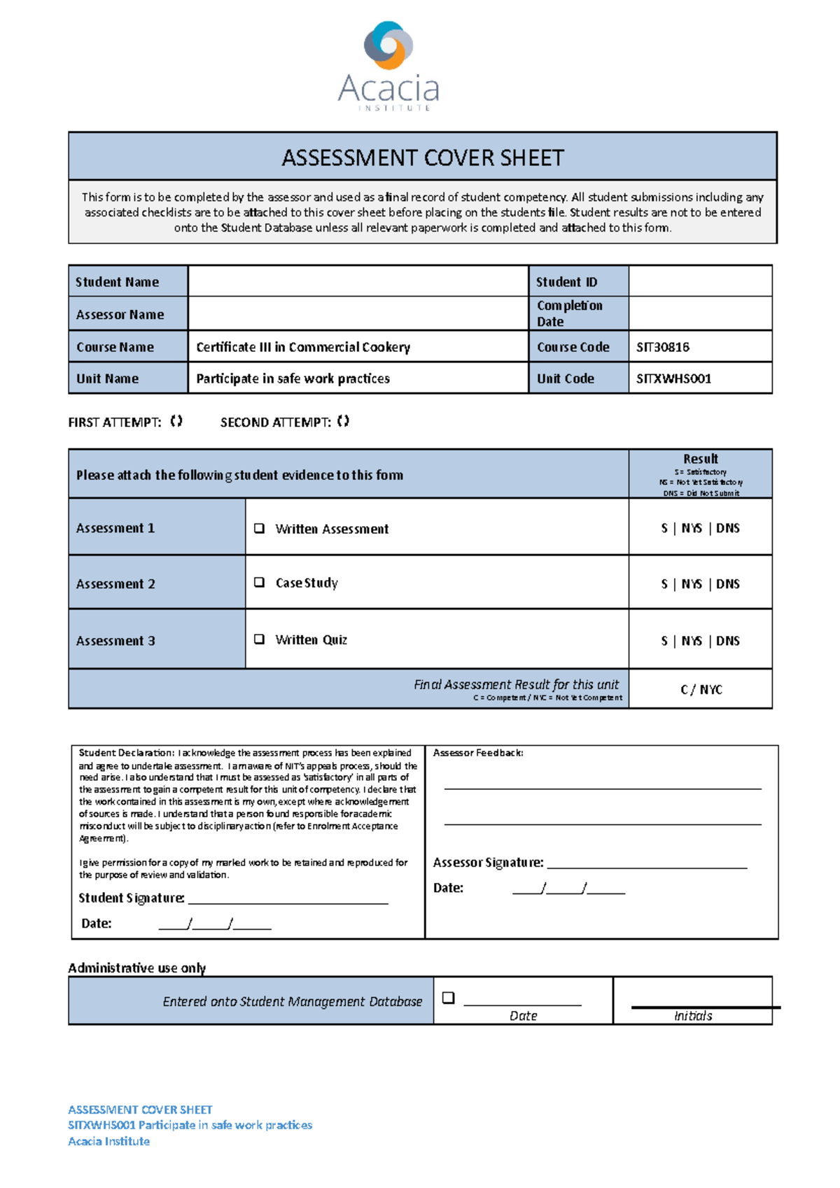 Student Pack Sitxwhs 001 Assessment - ASSESSMENT COVER SHEET SITXWHS001 ...