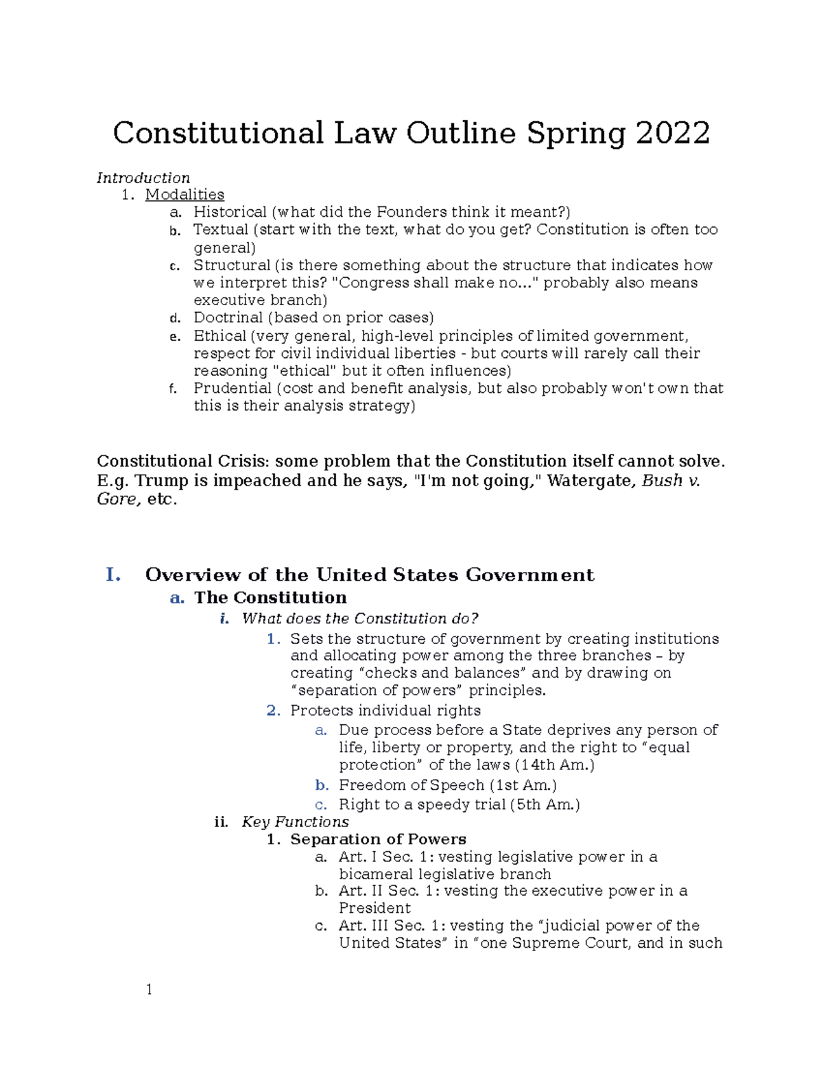 Constitutional Law Outline Spring 2021 - Modalities a. Historical (what ...