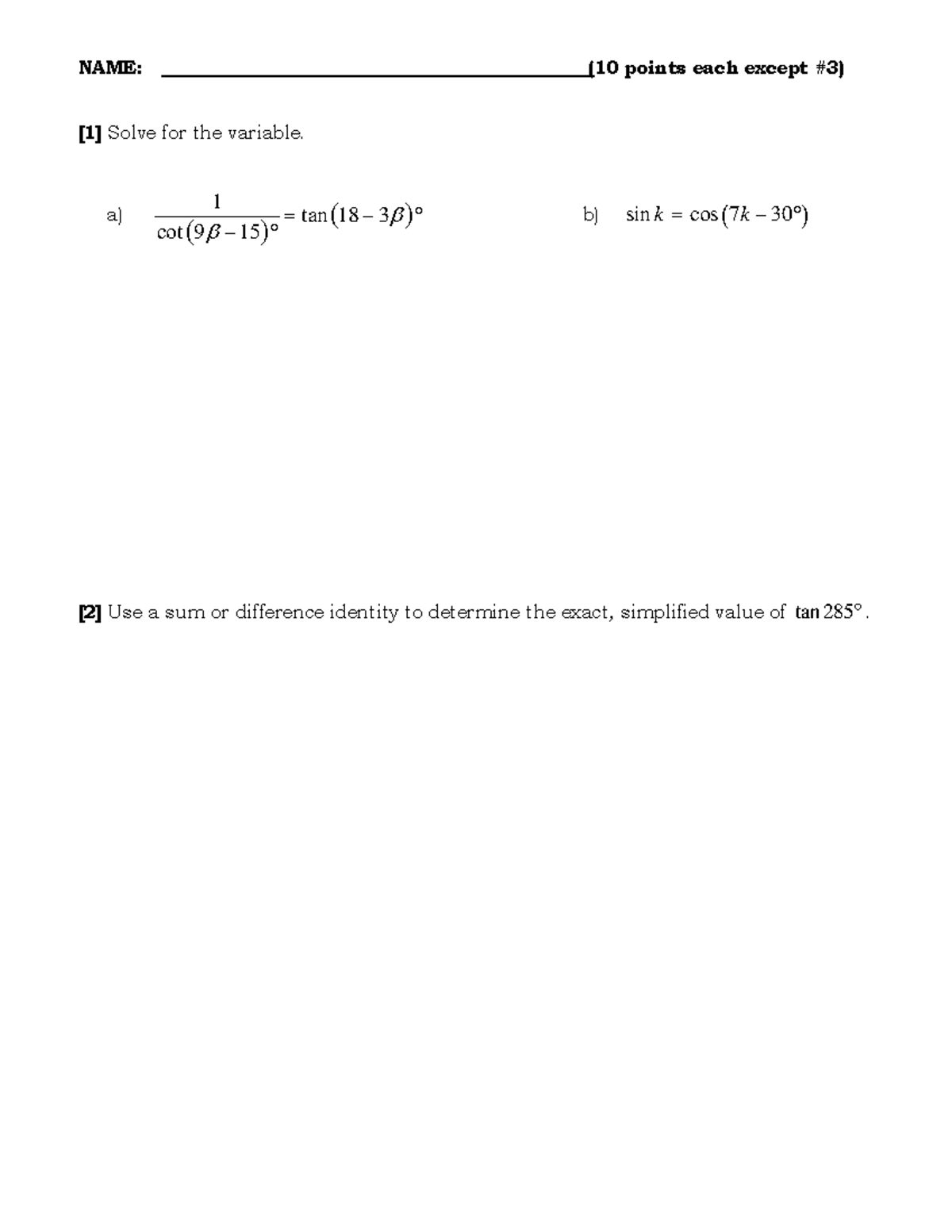Test 4 - FR only-1 - Trig Identities Practice - NAME
