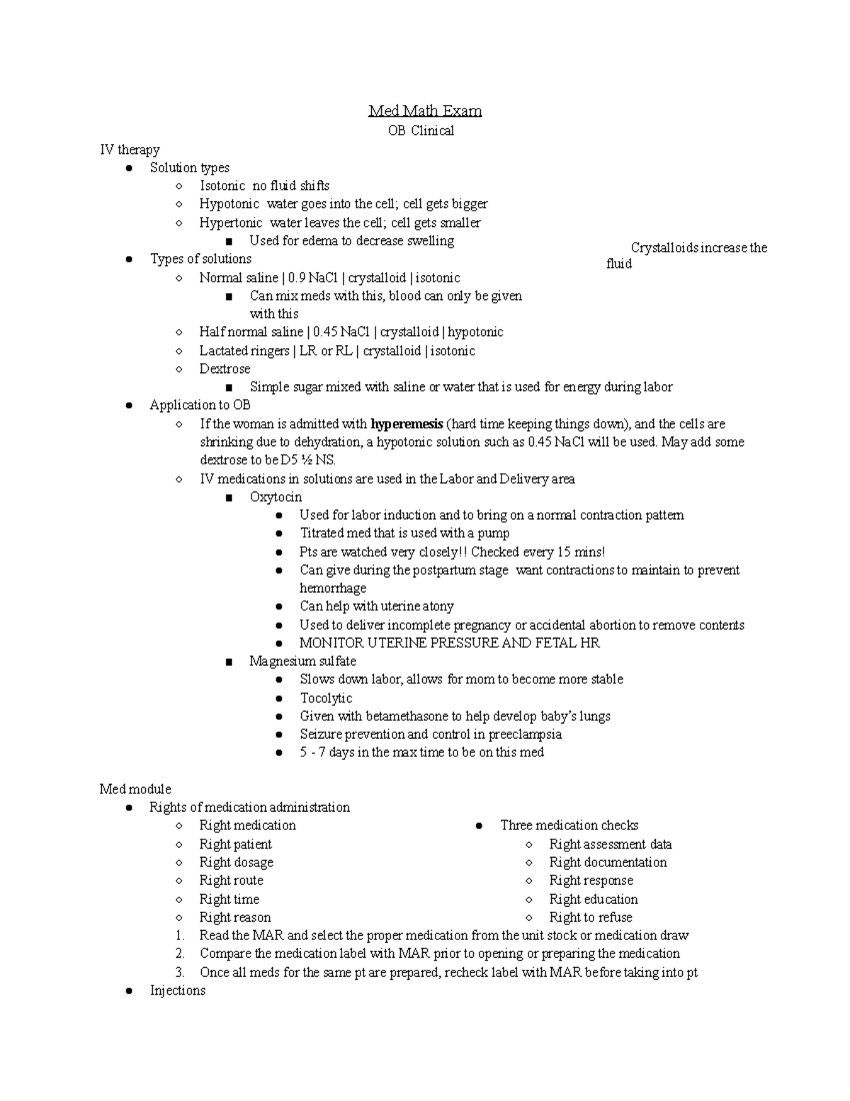 OB Med Math Exam - study guide - Med Math Exam OB Clinical IV therapy ...