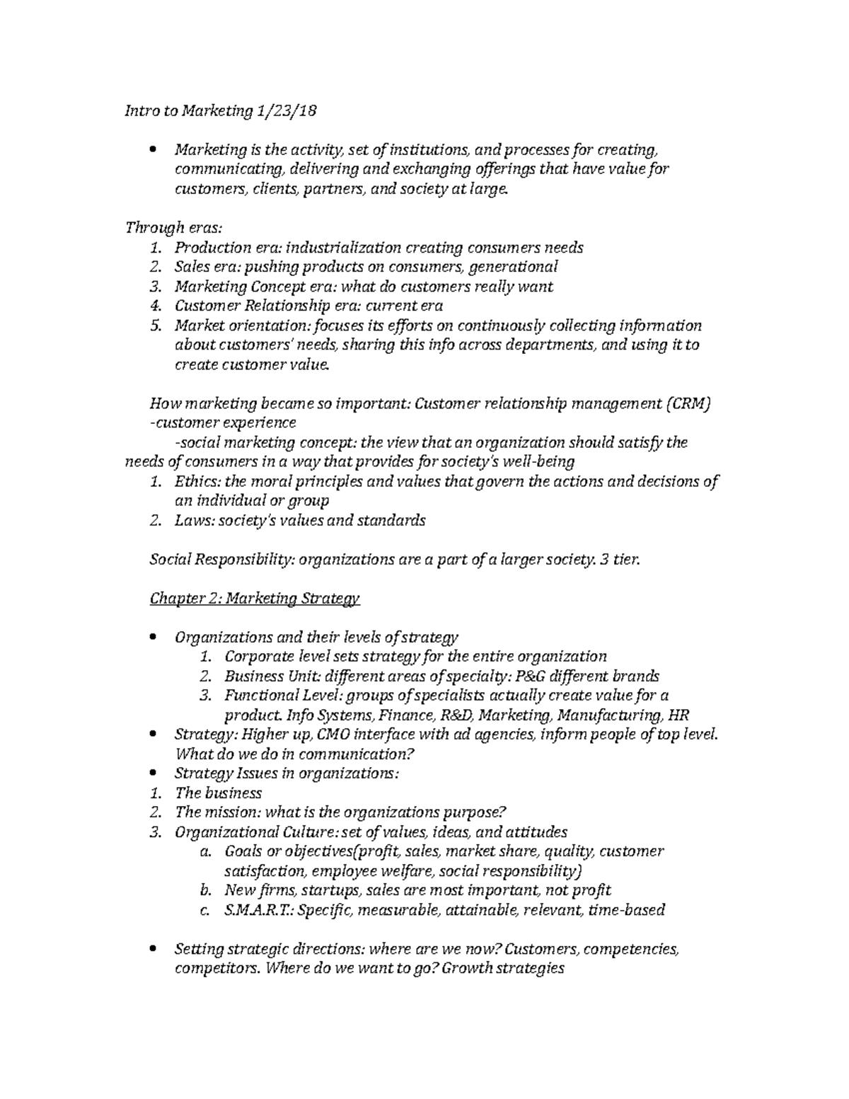 Intro to Marketing 1/23 - Intro to Marketing 1/23/18 Marketing is the ...