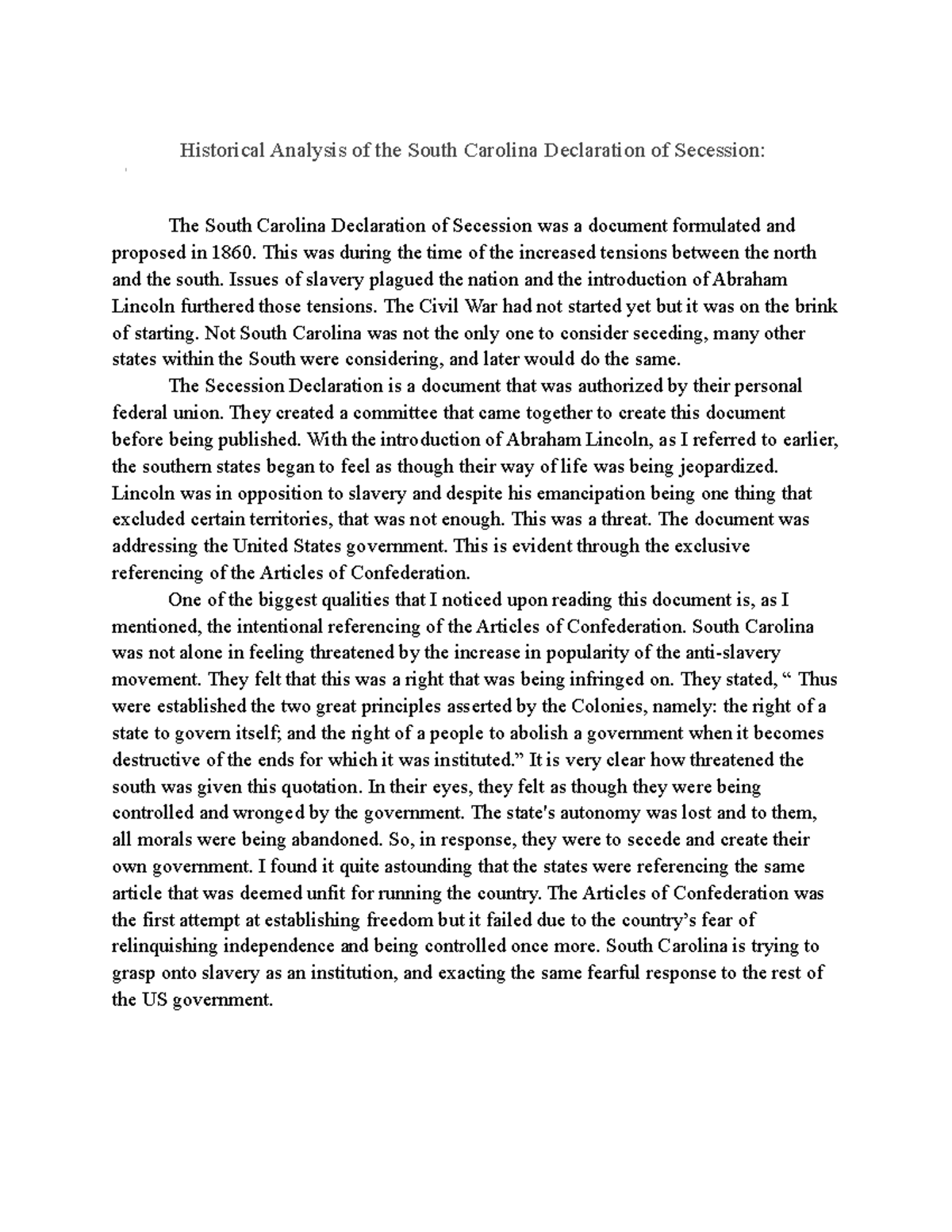 Historical Analysis of the South Carolina Declaration of Secession ...