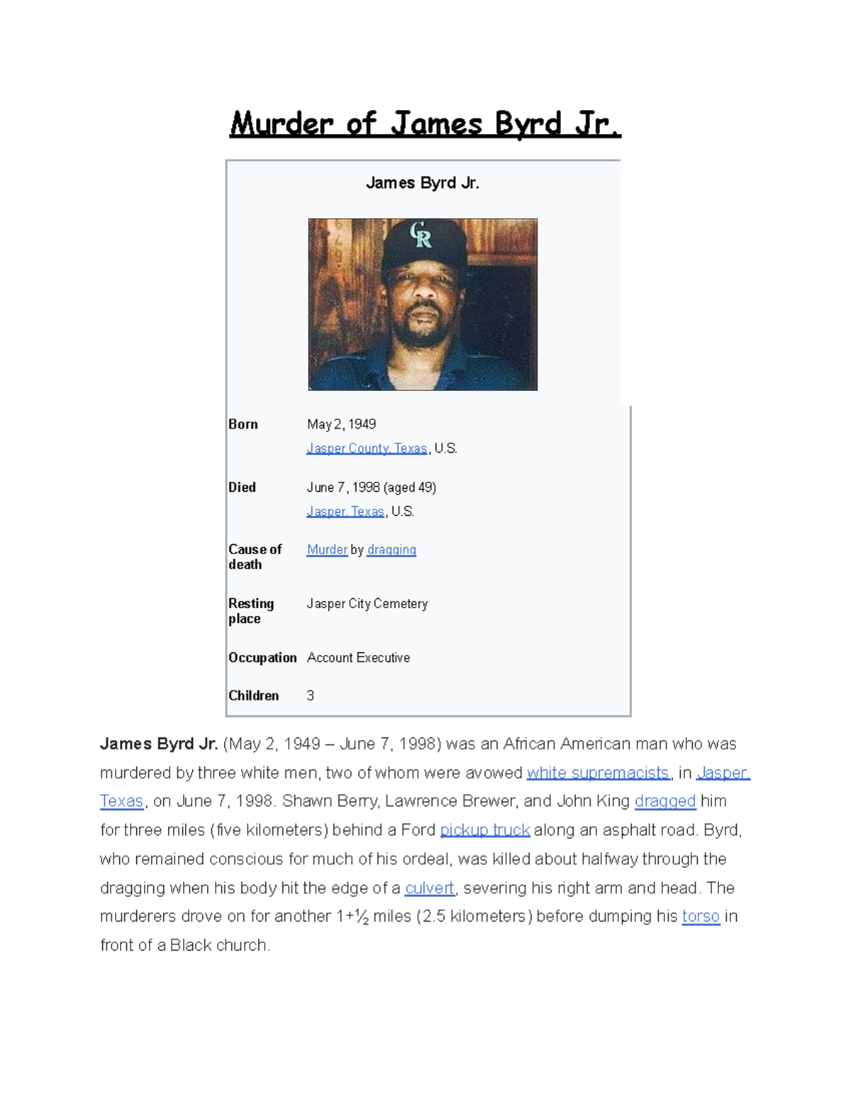 LE2 - Murder of James Byrd Jr Wiki Pedia - Murder of James Byrd Jr. James Byrd Jr. Born May 2 ...