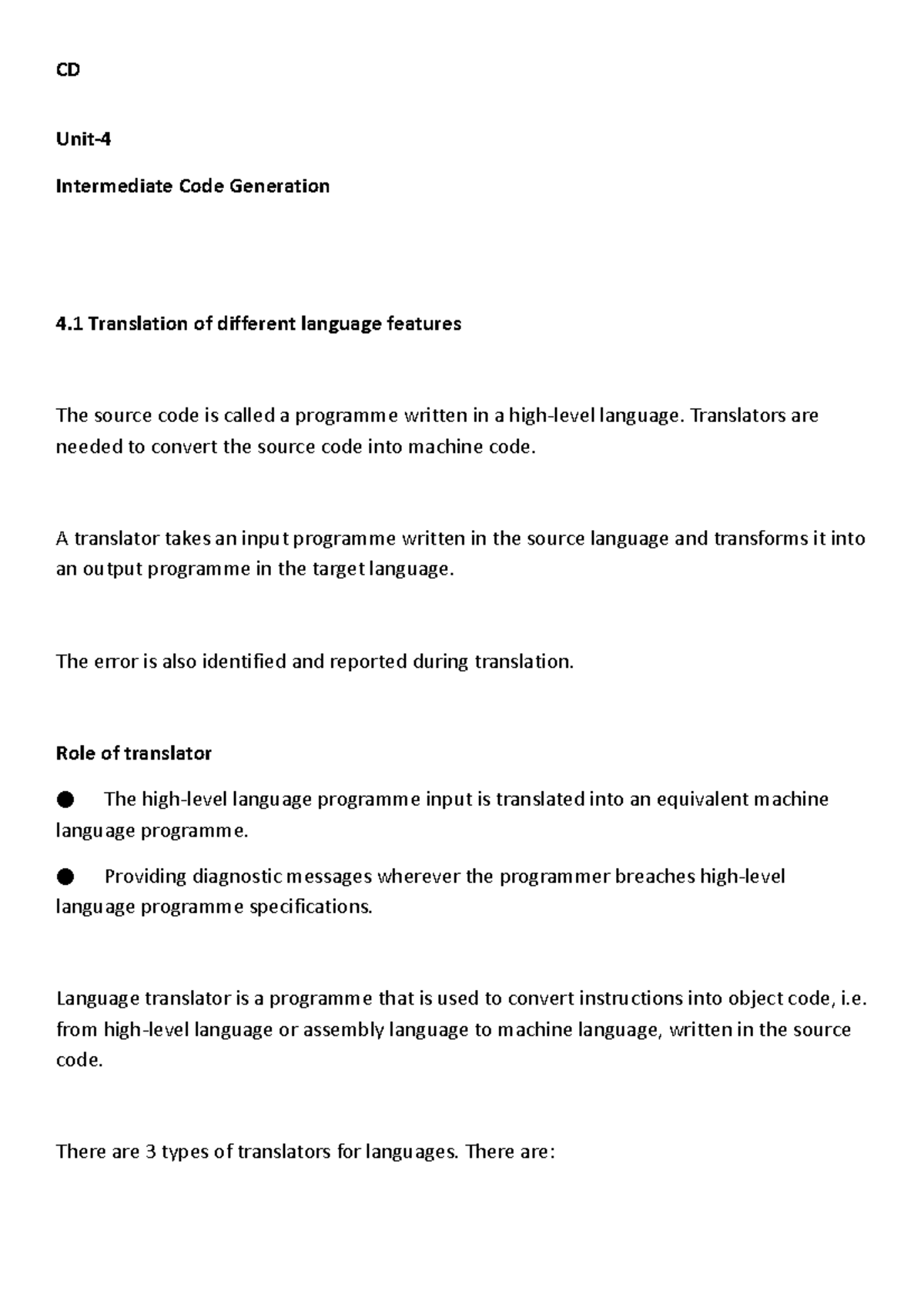 CD unit 4 - Module 4 Lecture: 10 hrs. Intermediate Code Generation: Translation of different ...