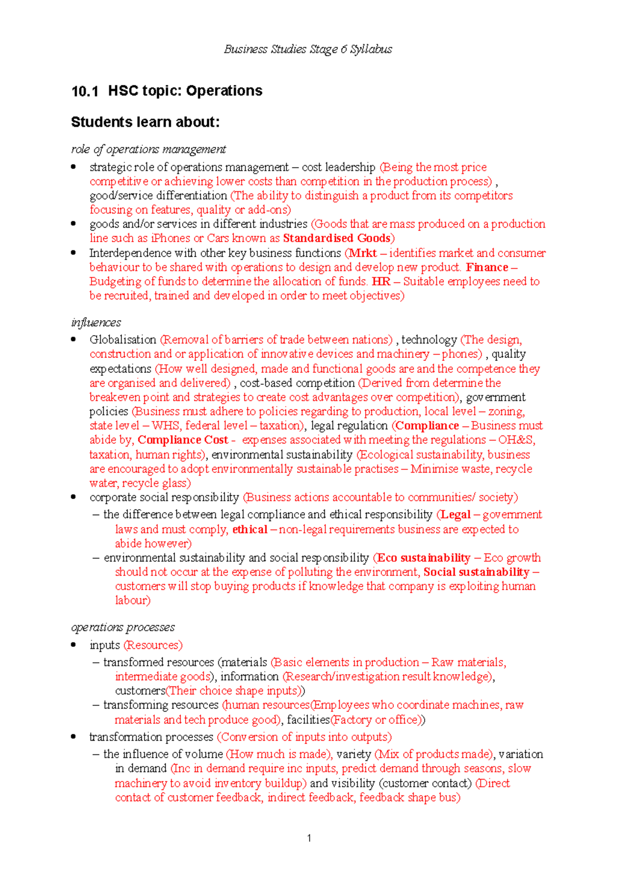 Business Studies Notes - 10 HSC topic: Operations Students learn about ...