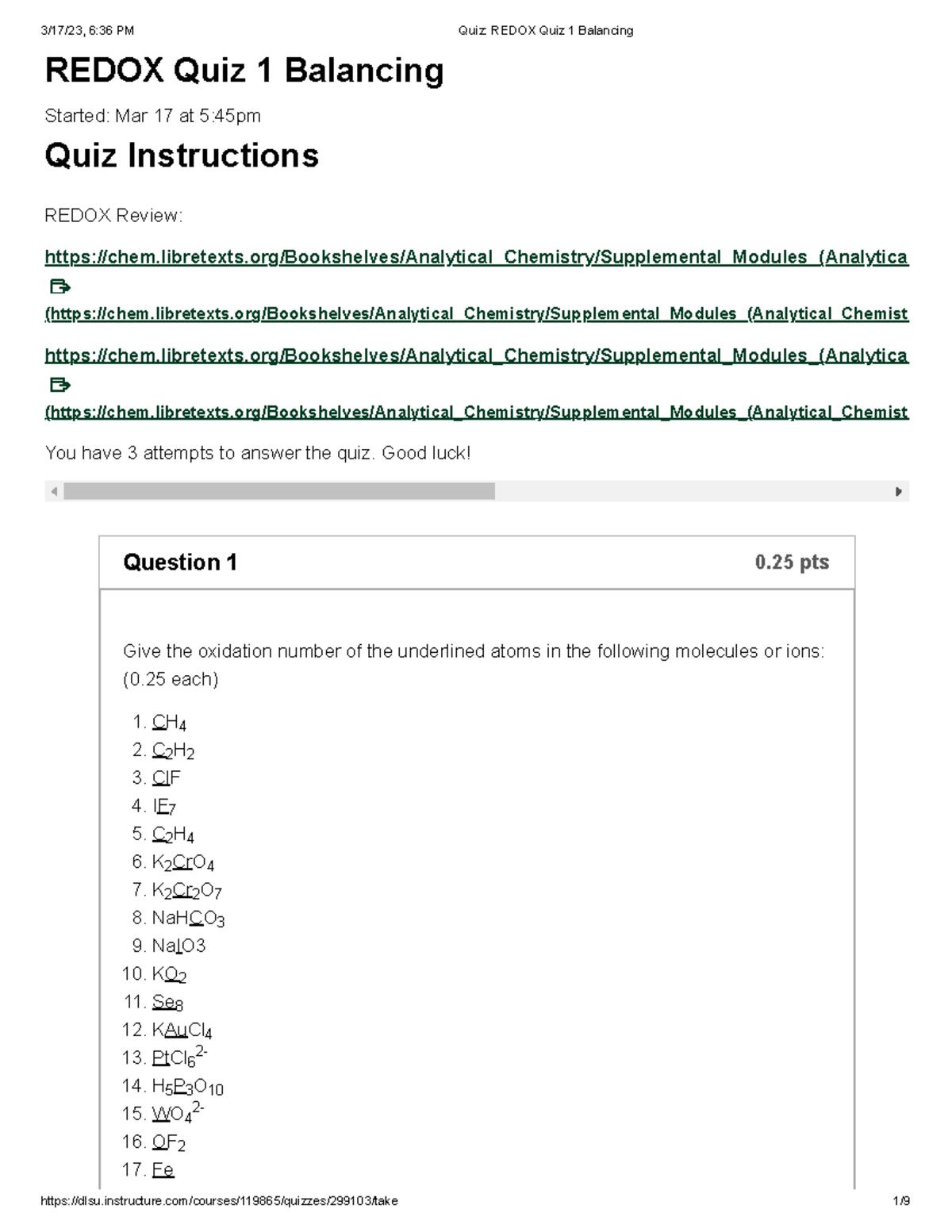 Quiz Redox Quiz 1 Balancing - REDOX Quiz 1 Balancing Started: Mar 17 at ...