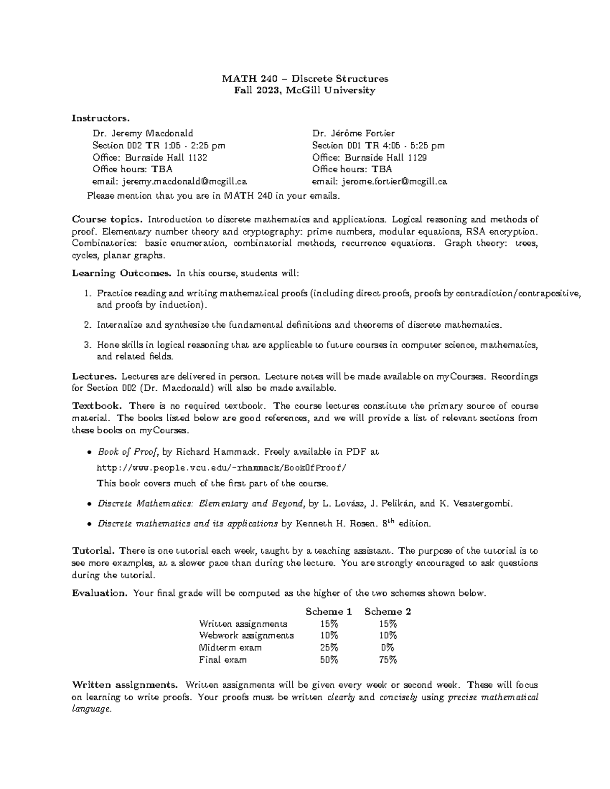 MATH 240 Fall 2023 Syllabus - MATH 240 – Discrete Structures Fall 2023 ...