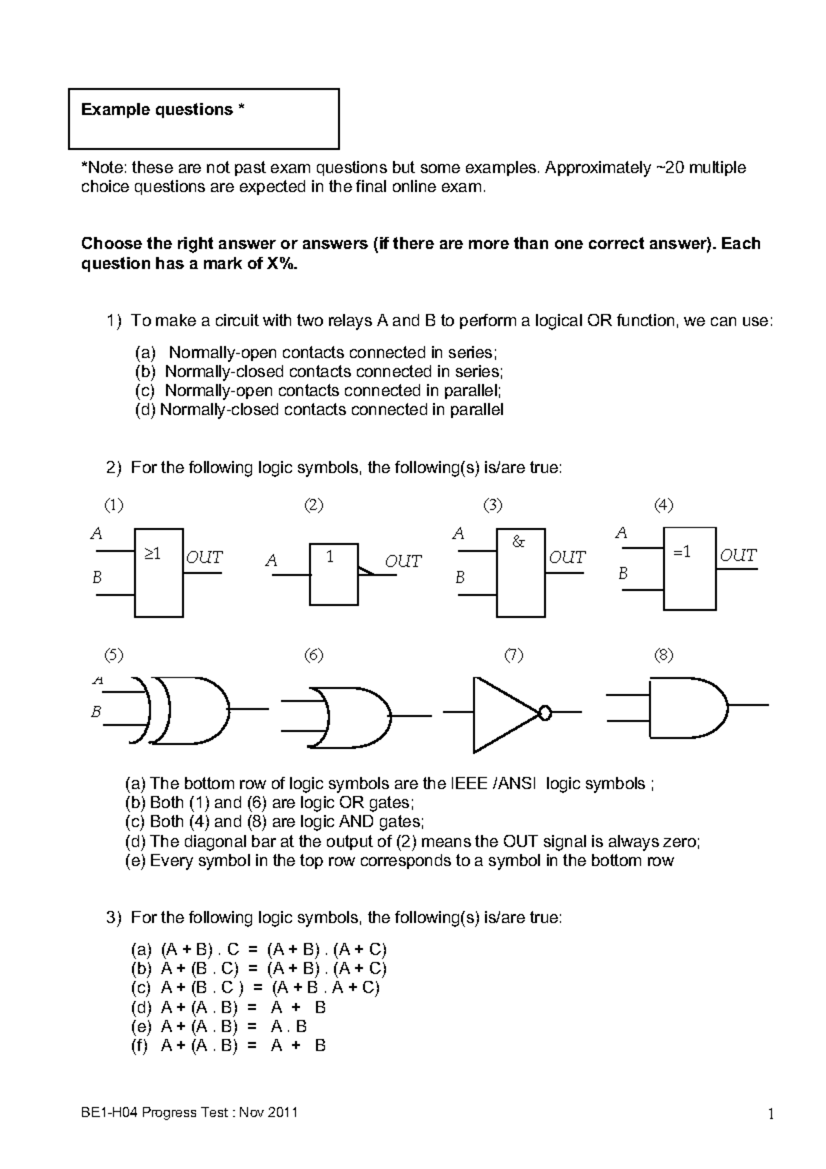 Digital Logic: Exam-style questions - Example questions * *Note: these ...
