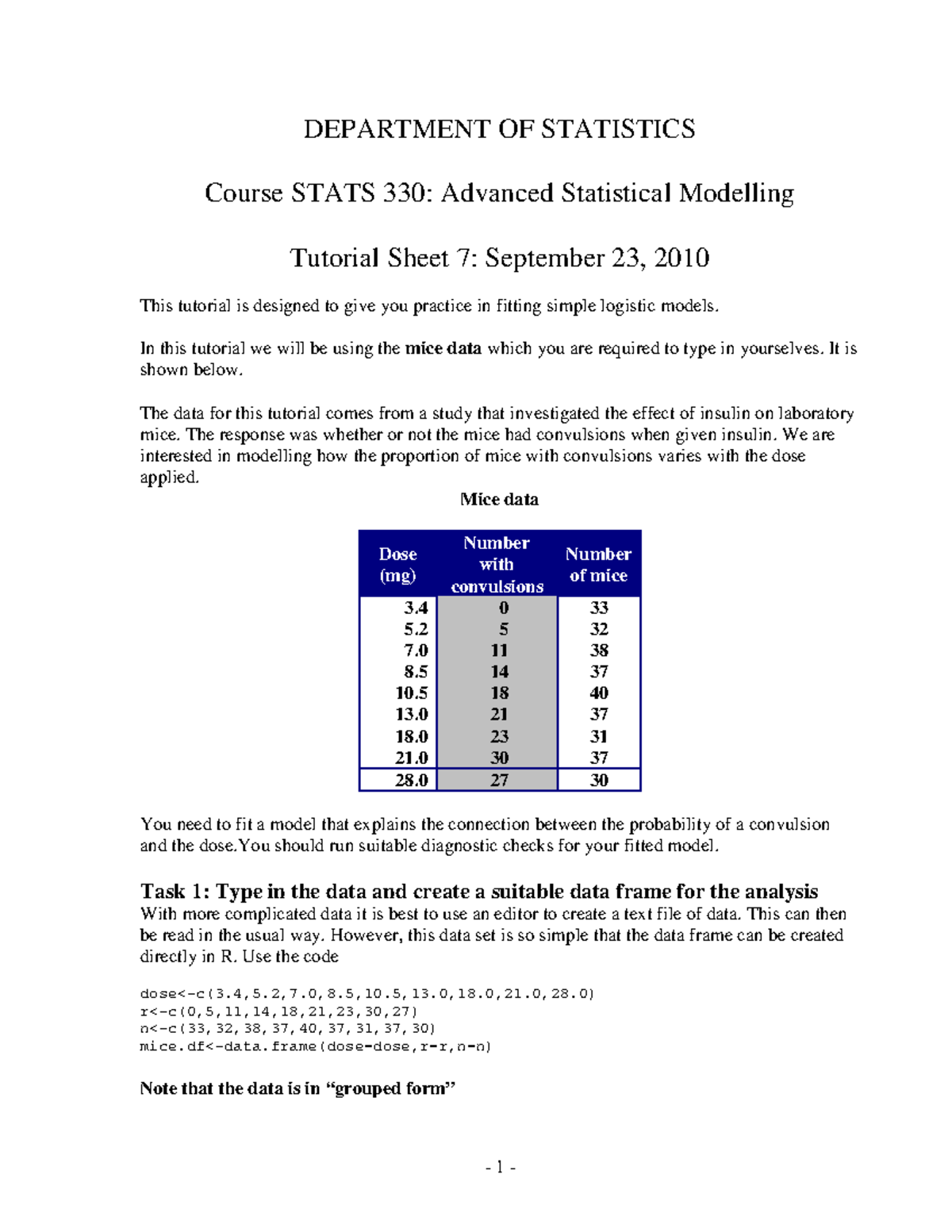 STATS330 2010 Tutorial 7 - DEPARTMENT OF STATISTICS Course STATS 330 ...