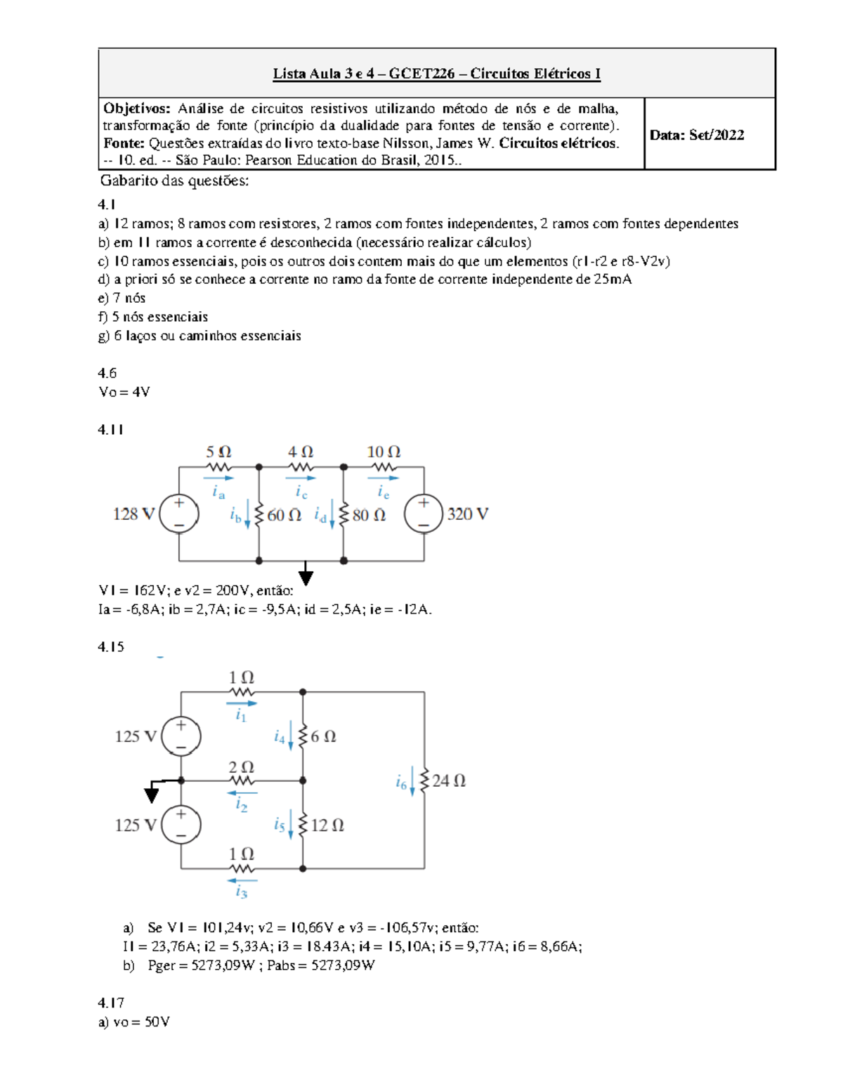 Lista 3e4 - ufrb - gab - Lista Aula 3 e 4 – GCET 226 – Circuitos ...