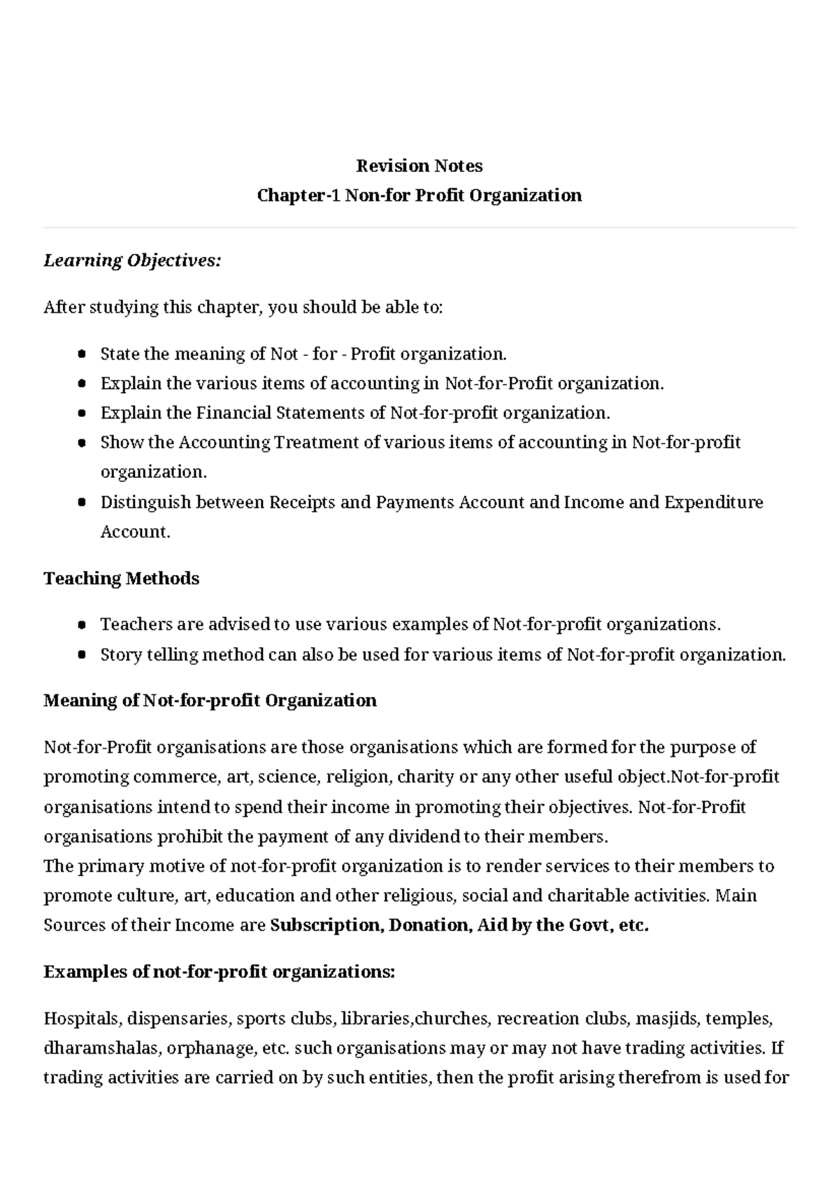 Non profit organisation - Revision Notes Chapter-1 Non-for Profit ...