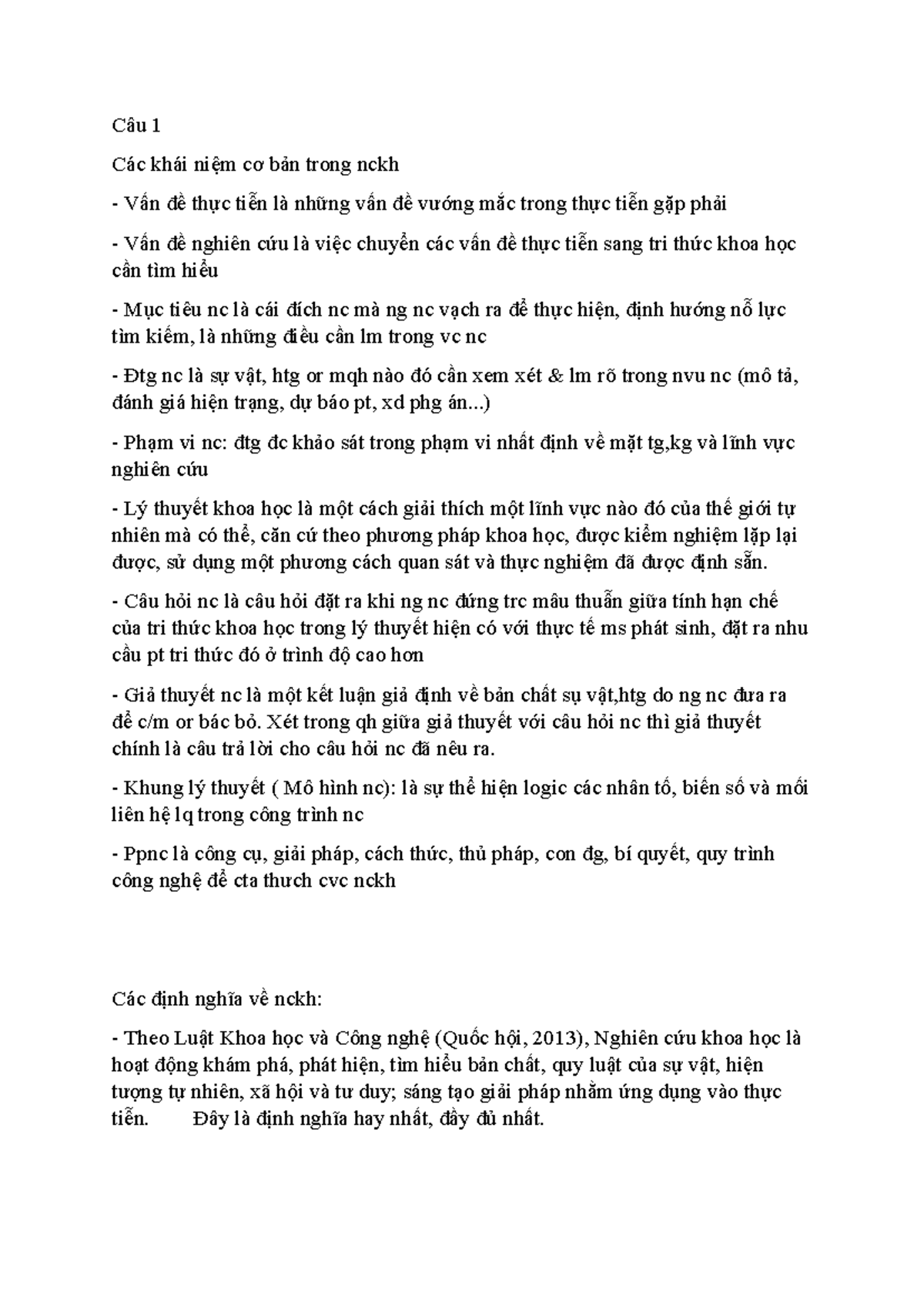 NCKH1 - TỐT - Câu 1 Các khái niệm cơ bản trong nckh Vấn đề thực tiễn là những vấn đề vướng mắc ...