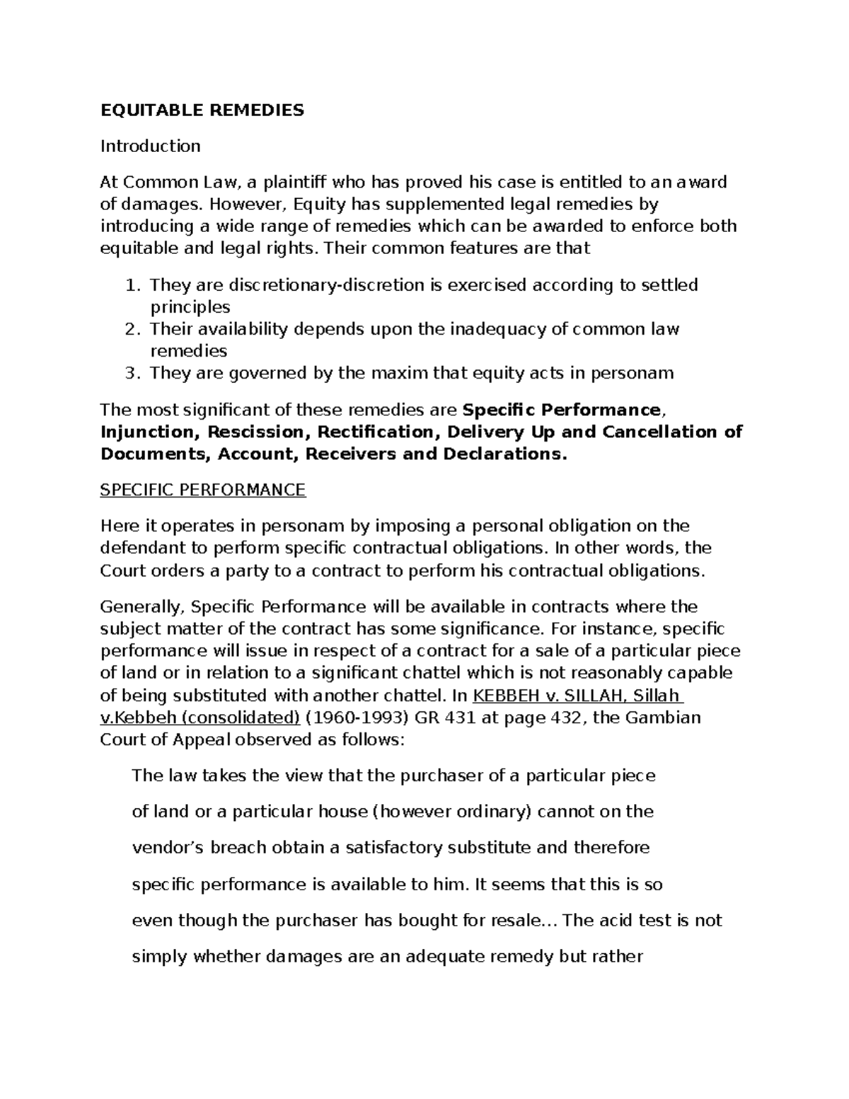 Equitable Remedies 2 - EQUITABLE REMEDIES Introduction At Common Law, a ...