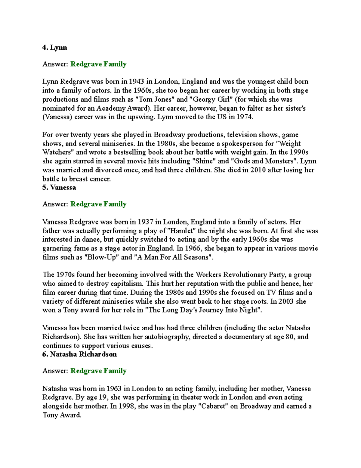 Doccx - notes - Lynn Answer: Redgrave Family Lynn Redgrave was born in ...