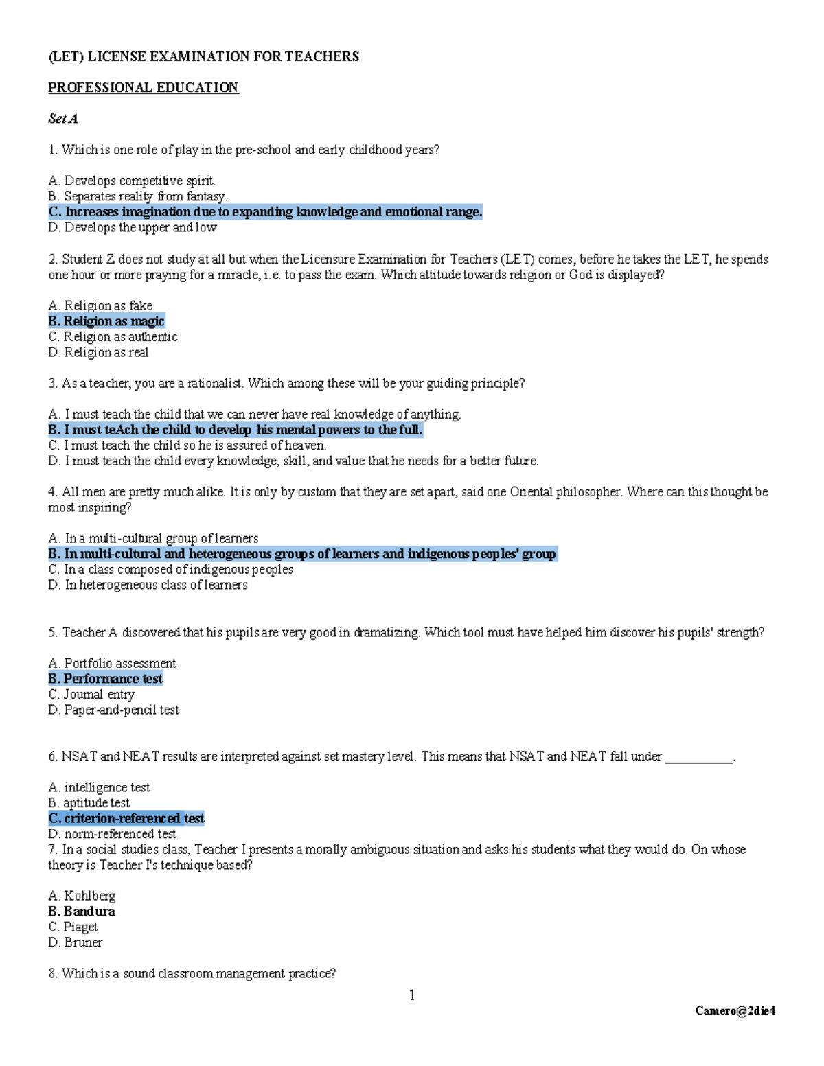 1 Profed - reviewer - (LET) LICENSE EXAMINATION FOR TEACHERS ...