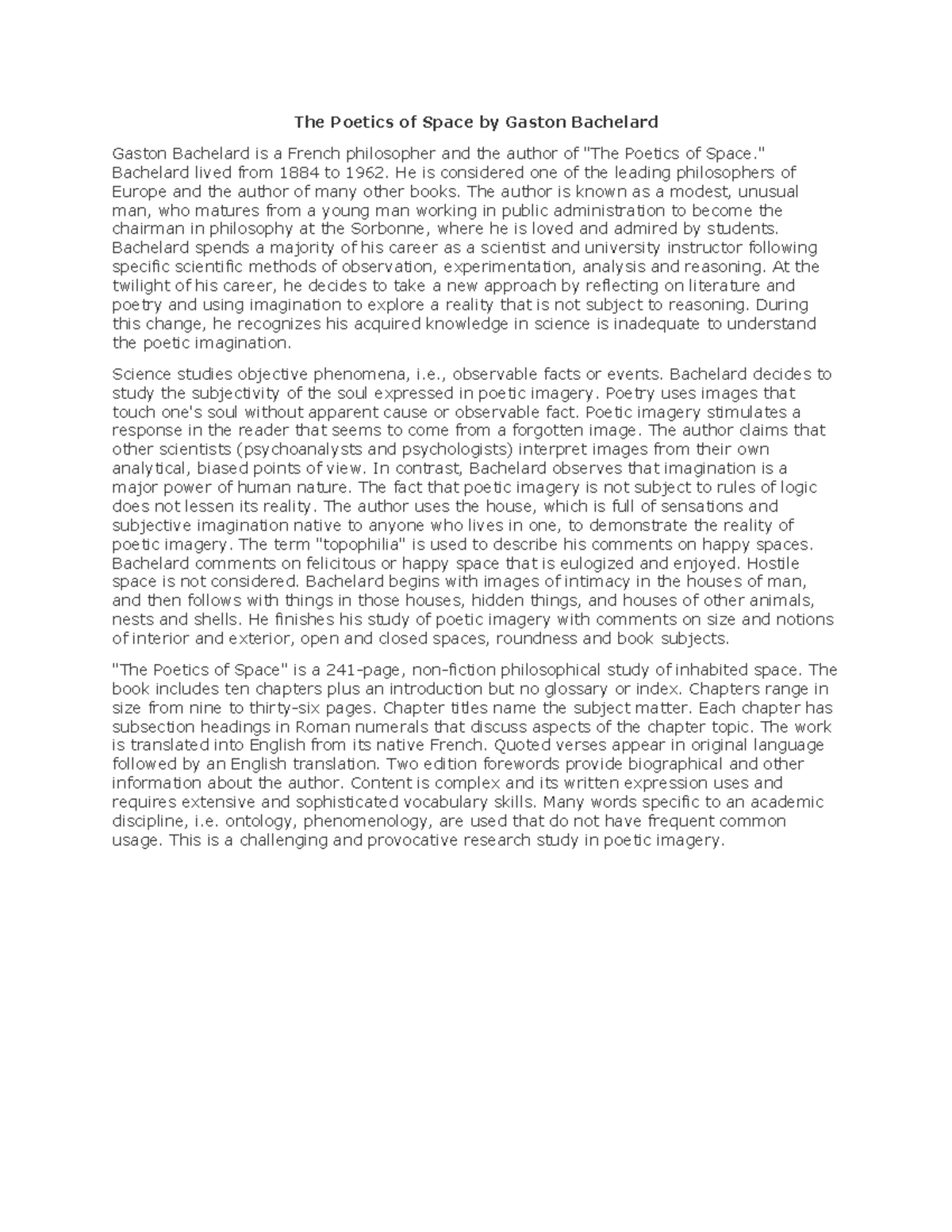 The Poetics Of Space Summary