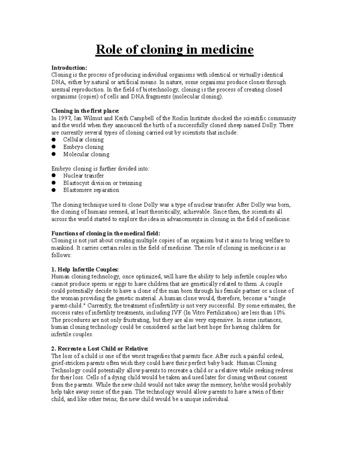 Cloning Report - BIOLOGY IMPORTANT docs - Role of cloning in medicine ...