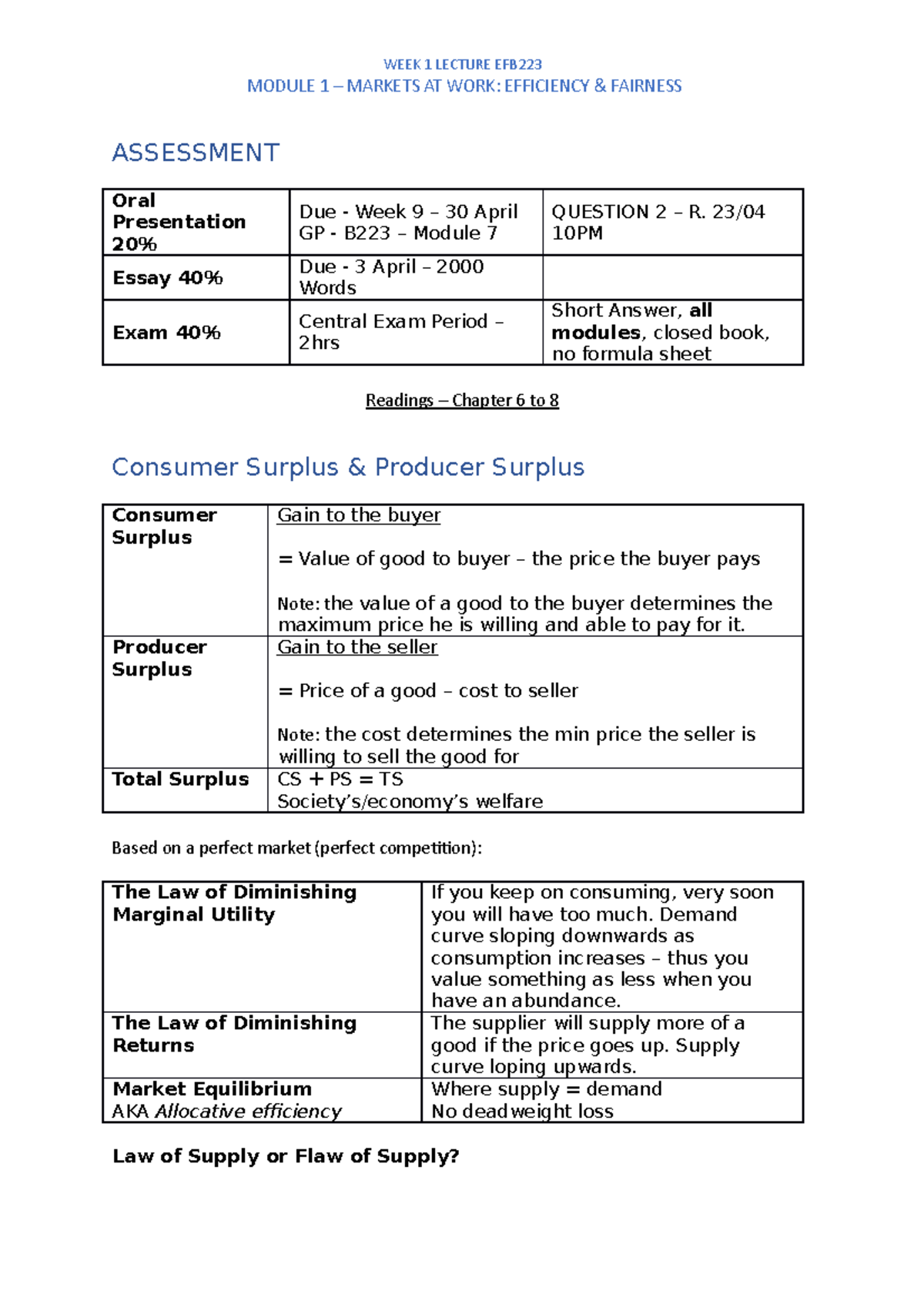 WK1 EFB223 Notes Efficiency & Fairness - WEEK 1 LECTURE EFB MODULE 1 ...