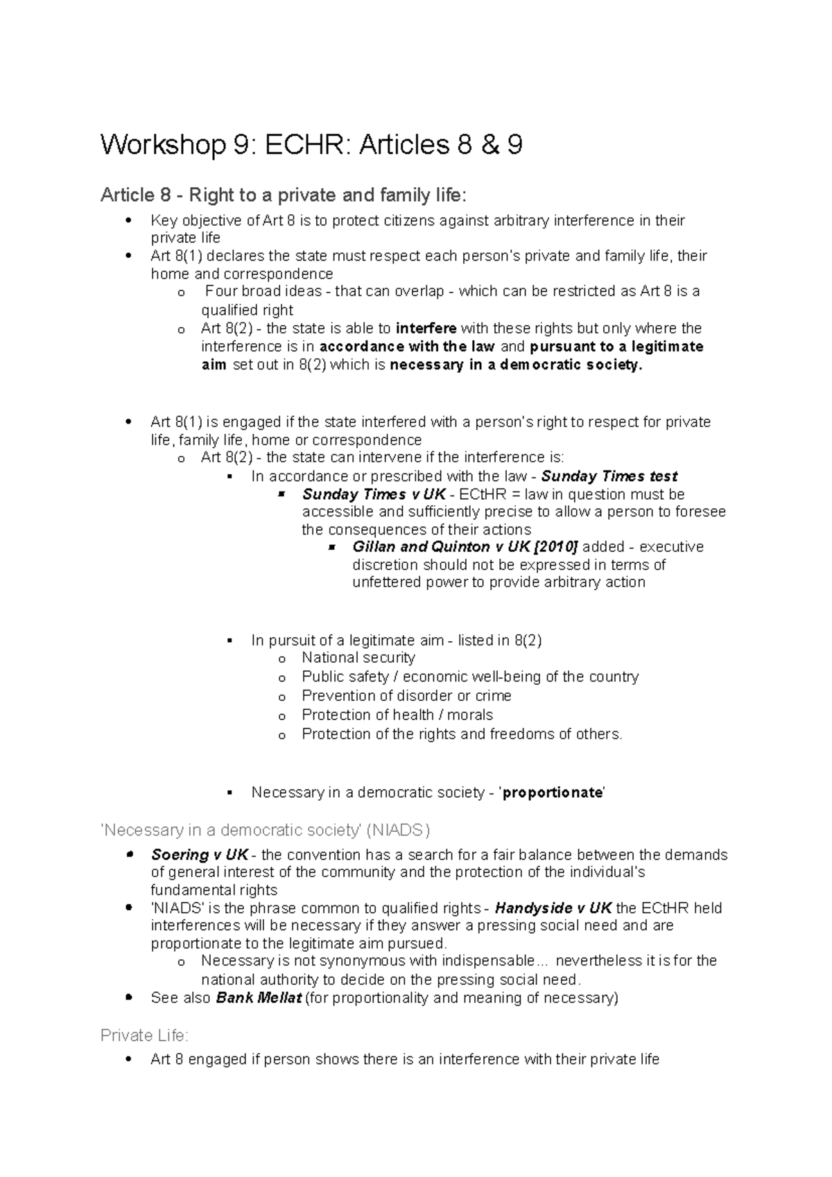 PLII WS9 Prepare - Workshop 9: ECHR: Articles 8 & 9 Article 8 - Right ...