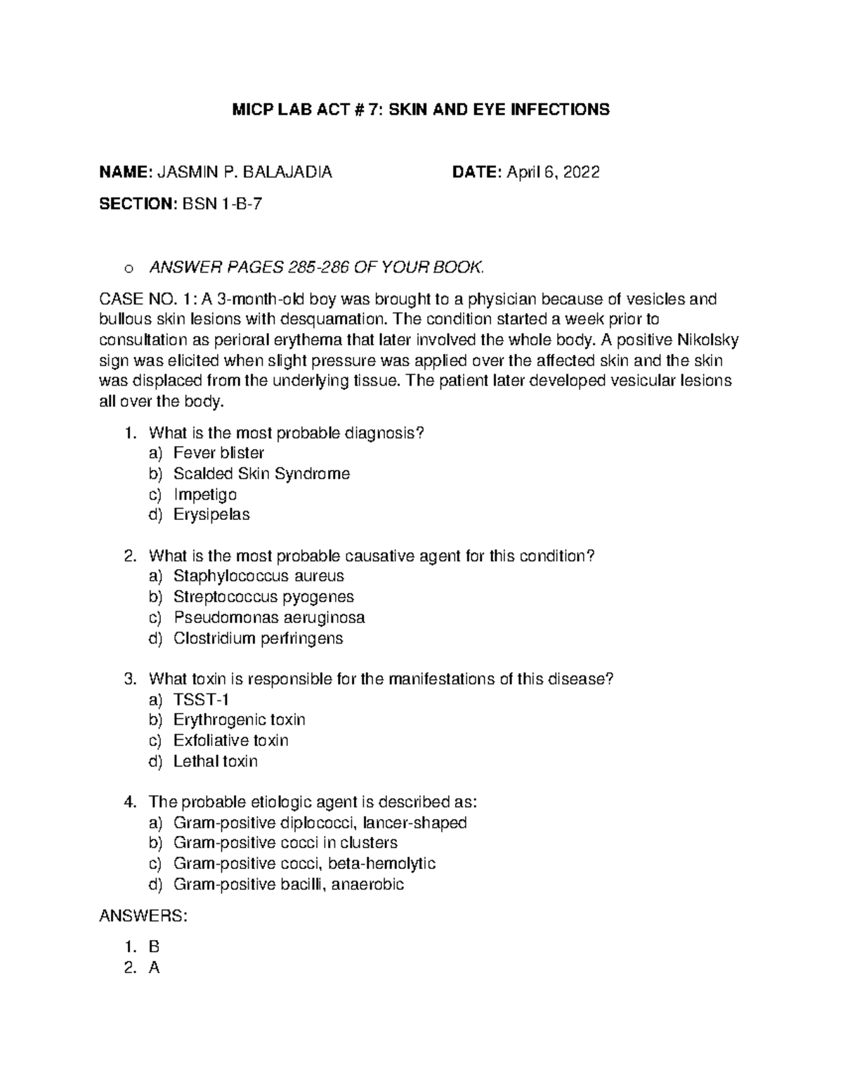 MICP LAB ACT7 - Microbiology - MICP LAB ACT # 7: SKIN AND EYE ...
