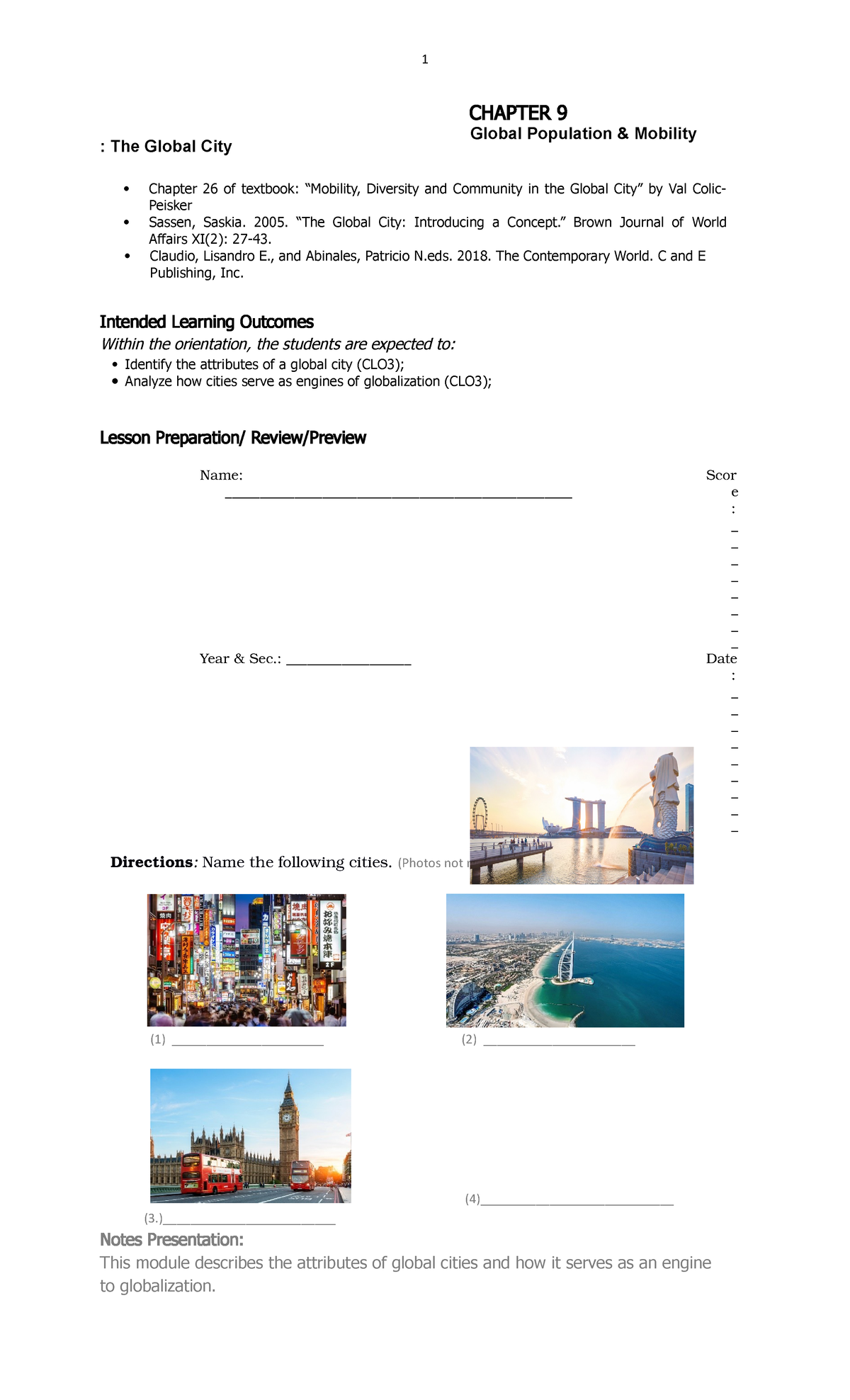 TCW Chapter 9 Global Population Mobility - CHAPTER 9 : The Global City ...