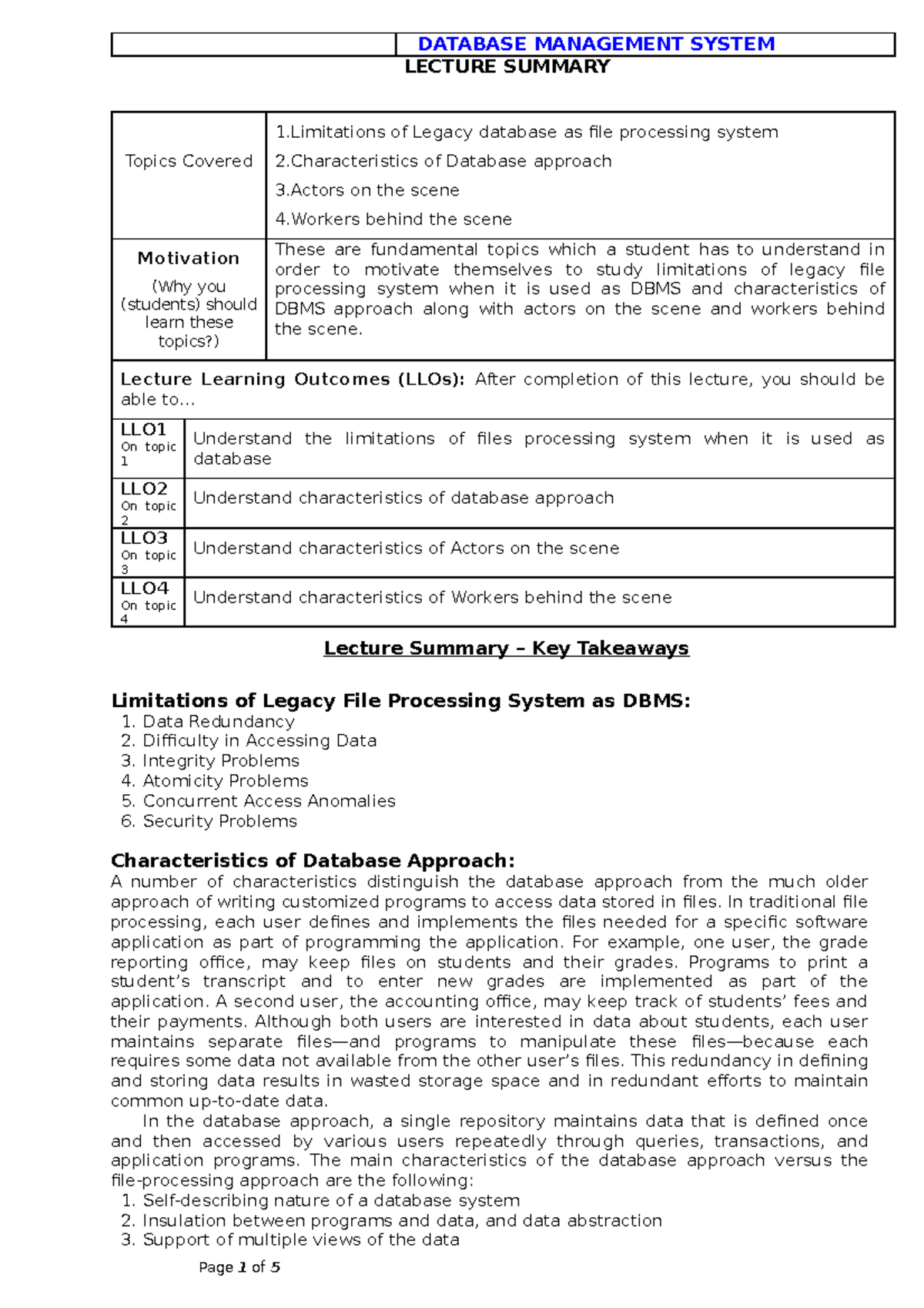 Limitations of Legacy database as file processing system - LECTURE SUMMARY Topics Covered 1 of ...
