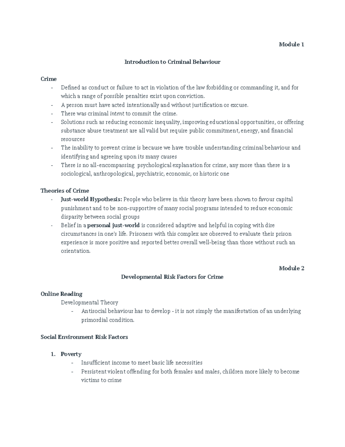 CRIM 103 - Lecture Notes - Module 1 Introduction to Criminal Behaviour ...