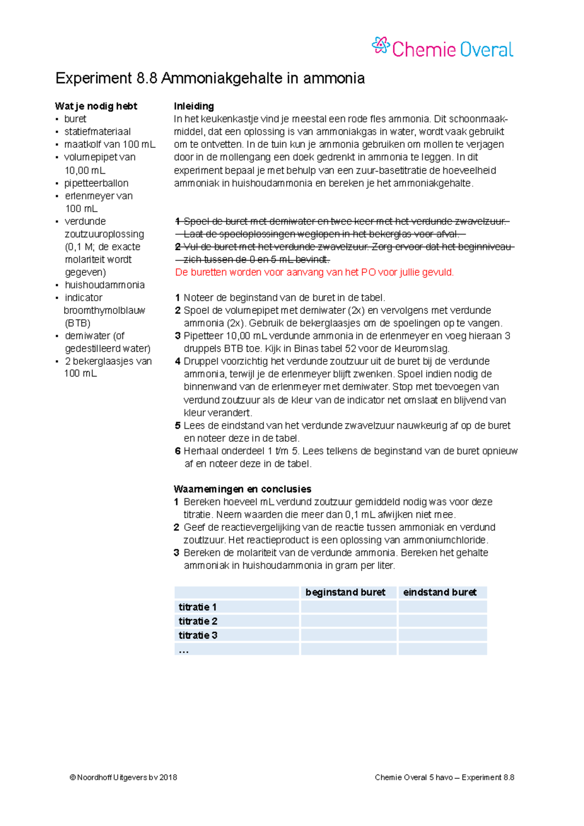 Experiment+8 - Een verslag over titratie. - Experiment 8 Ammoniakgehalte in ammonia Wat je nodig ...