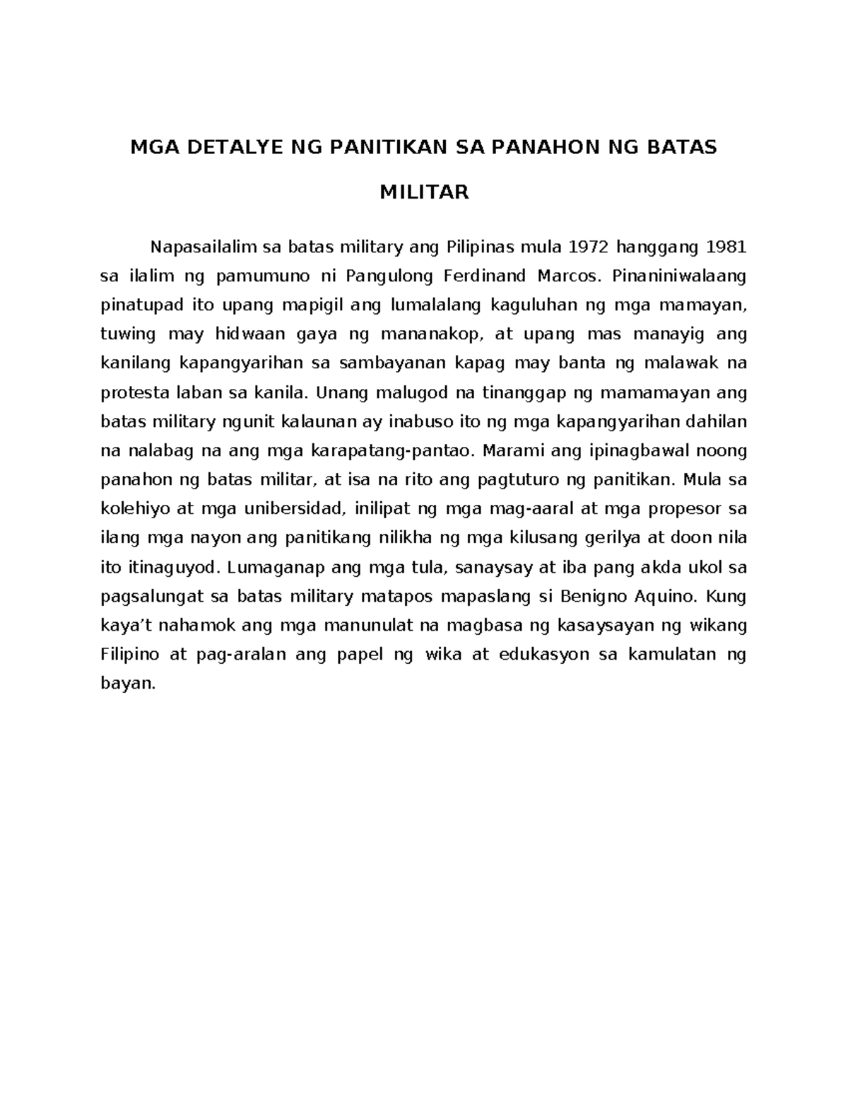 MGA DETALYE NG PANITIKAN SA PANAHON NG BATAS MILITAR - MGA DETALYE NG ...