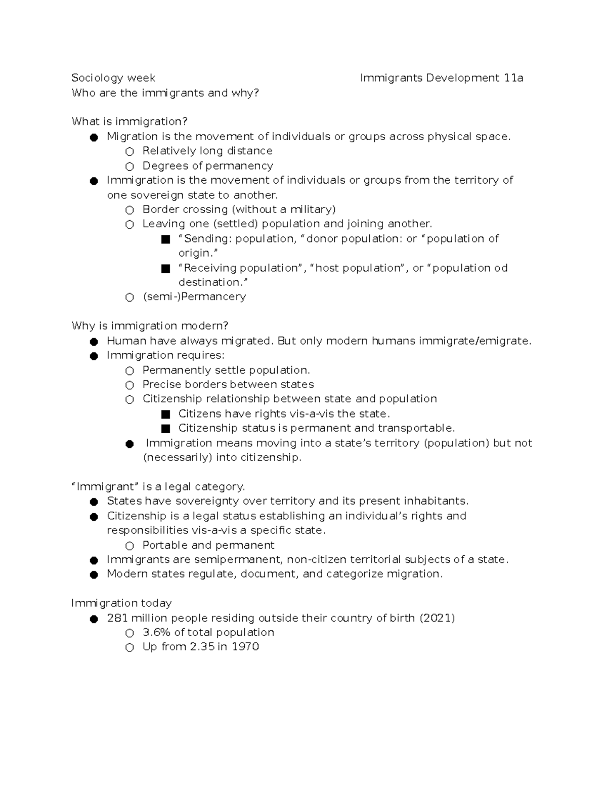 Sociology week Immigrants Development 11a - Relatively long distance ...