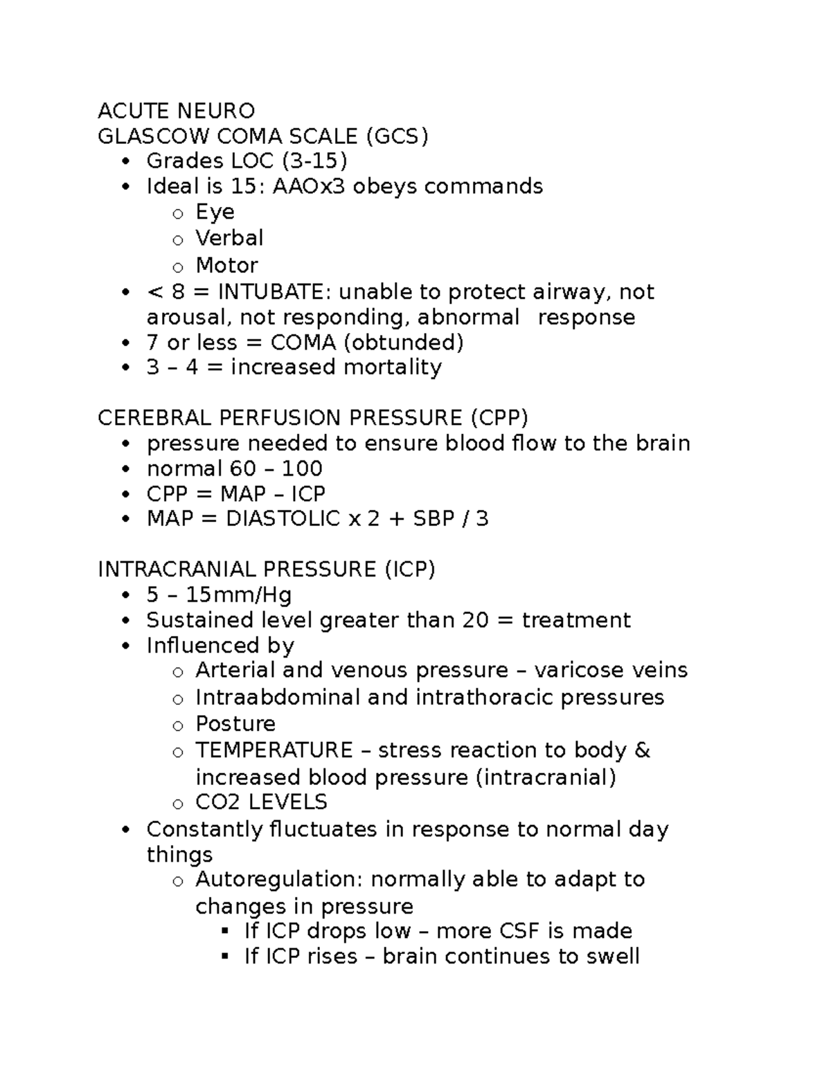 Acute Neuro Study Guide - ACUTE NEURO GLASCOW COMA SCALE (GCS) Grades ...